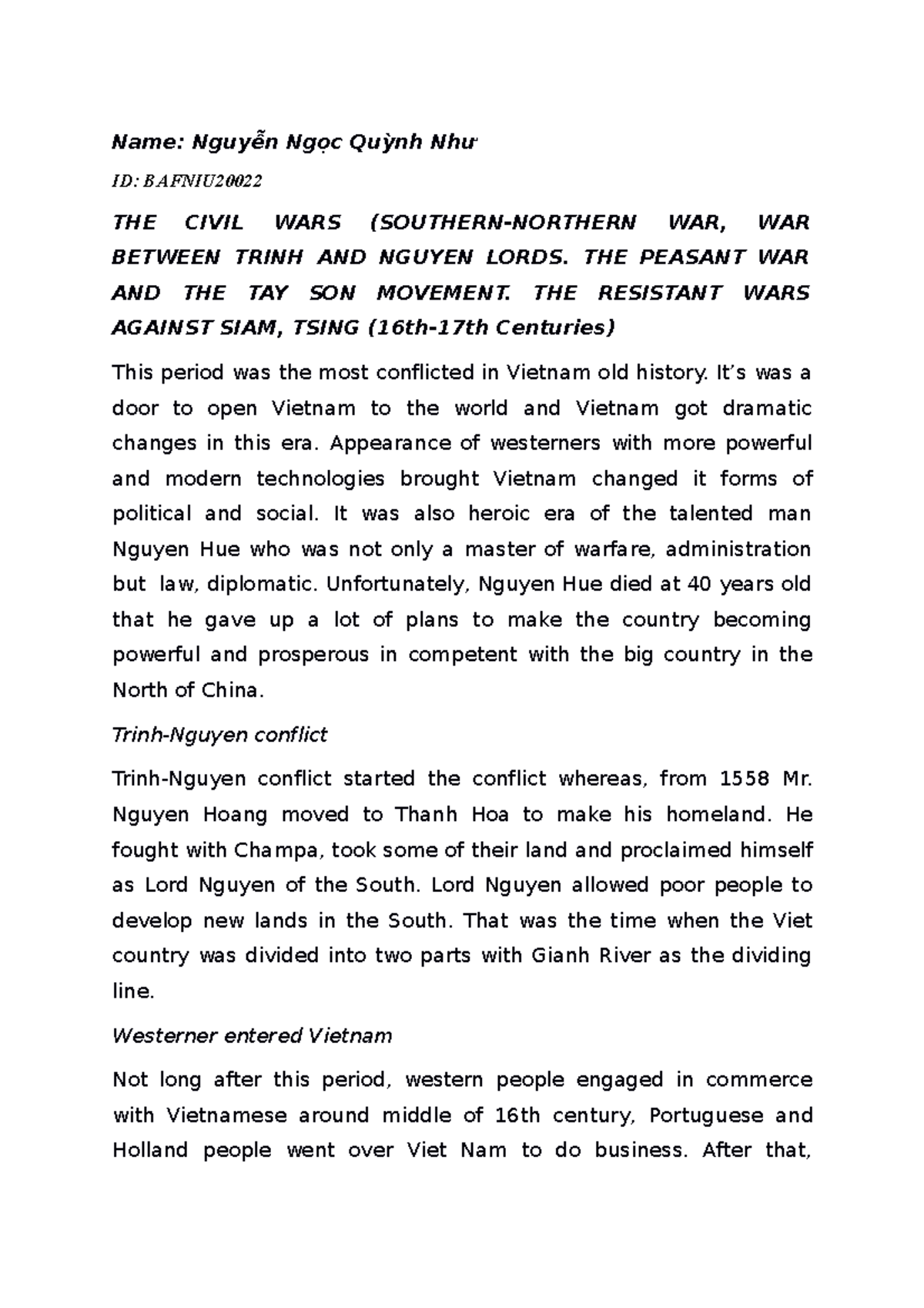 Vietnamese History and Culture Note - Name: Nguyễn Ngọc Quỳnh Như ID ...