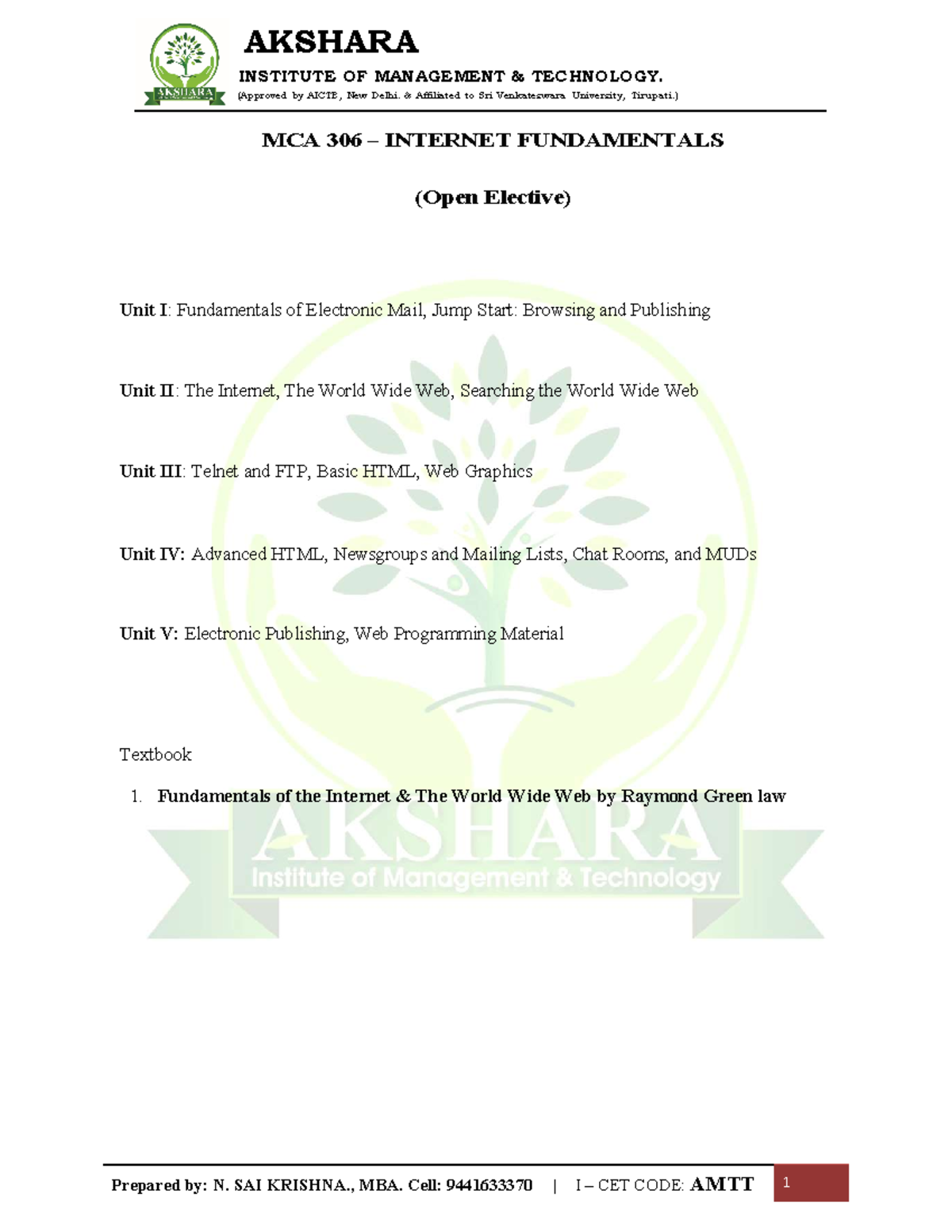 Internet Fundamentals Open elective full material - INSTITUTE OF MANAGEMENT & TECHNOLOGY. - Studocu