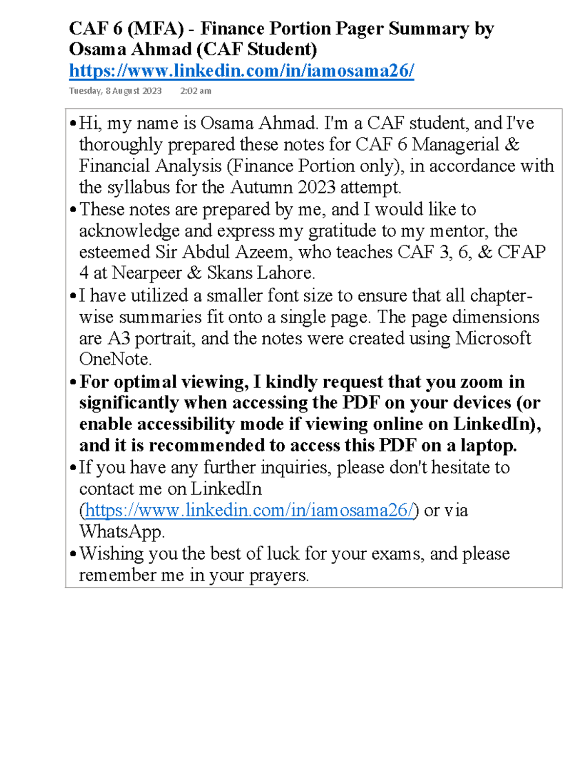 CAF 6 (MFA) - Finance Portion one pager summary by Osama Ahmad (CAF ...
