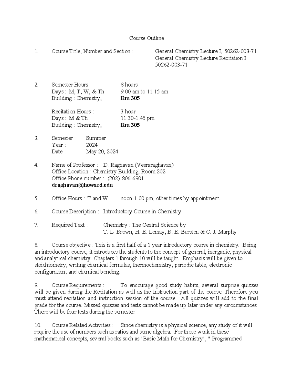 Gchem S 2024 tentative - Summary Gen Chem Lab I - Course Outline Course ...