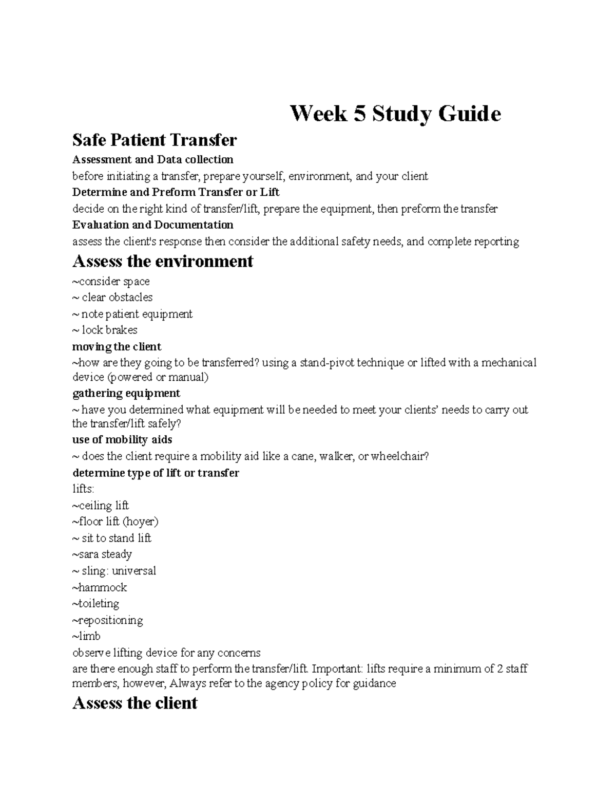 Week 5 Study Guide midterm - Week 5 Study Guide Safe Patient Transfer ...