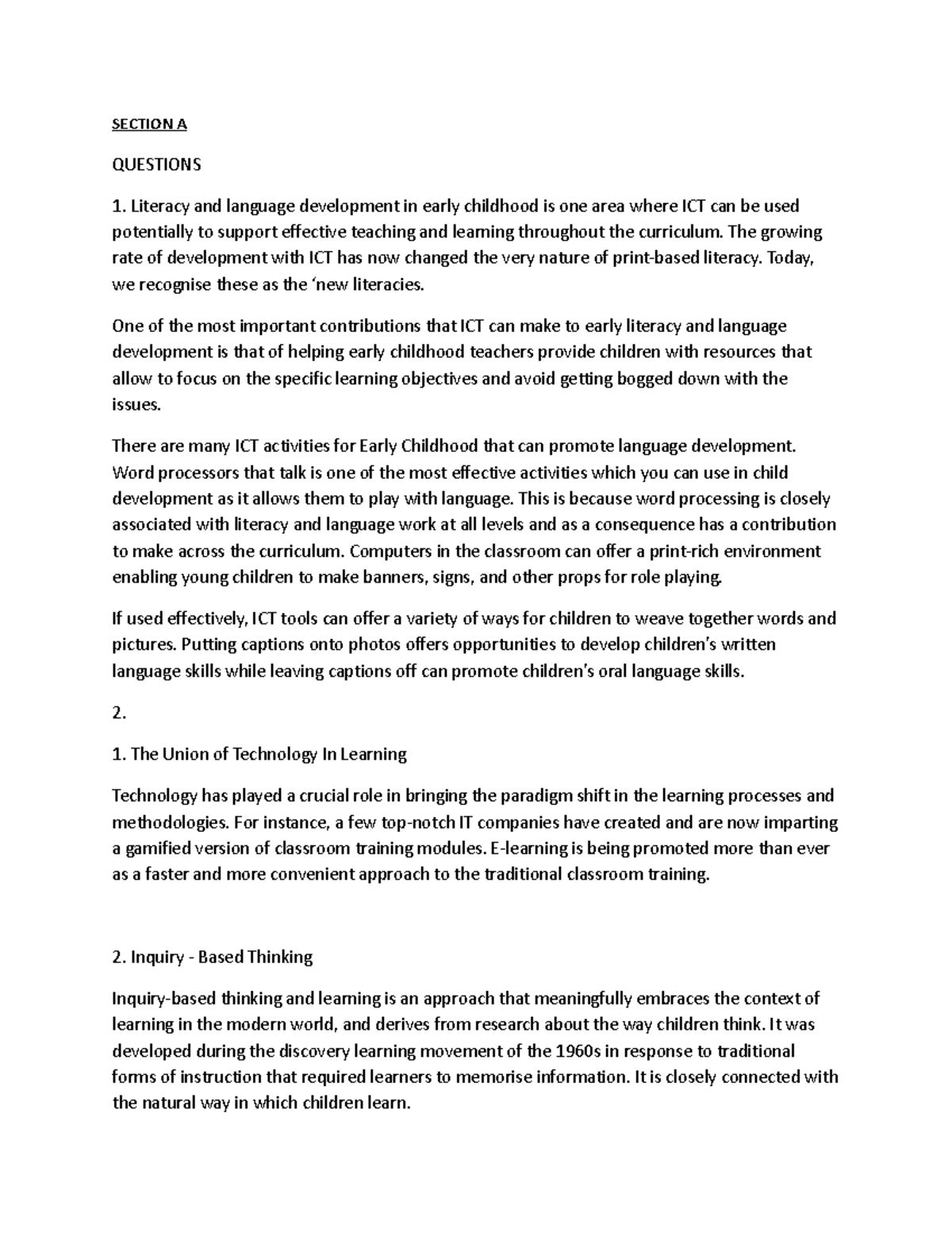 Assignment - Study notes - SECTION A QUESTIONS Literacy and language ...