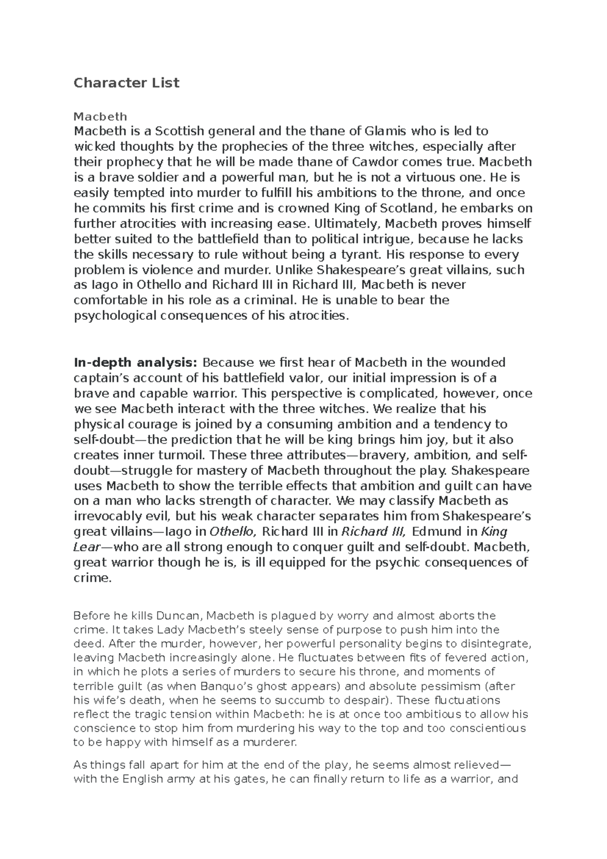 Macbeth Character list - Character List Macbeth Macbeth is a Scottish ...