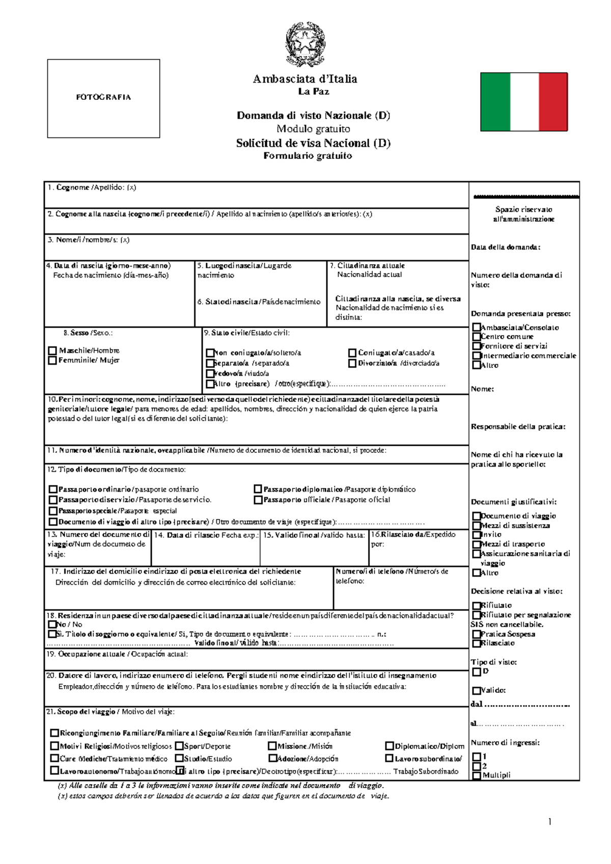 Formulario-Visa-Nacional - Ambasciata d’Italia La Paz Domanda di visto ...
