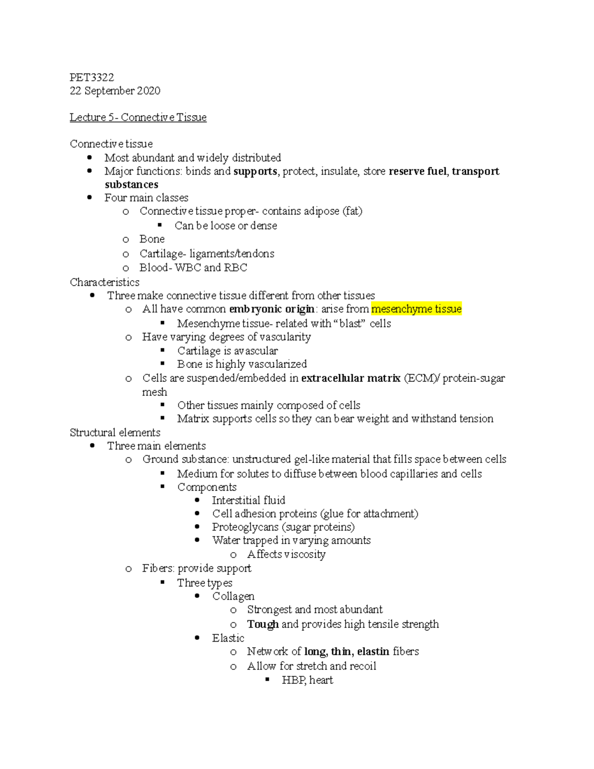 Connective Tissue - Lecture notes 5 - PET 22 September 2020 Lecture 5 ...