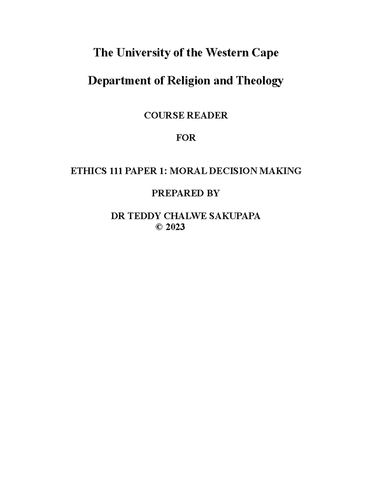 ETH 111 P1 Course Reader 2023 - The University of the Western Cape ...