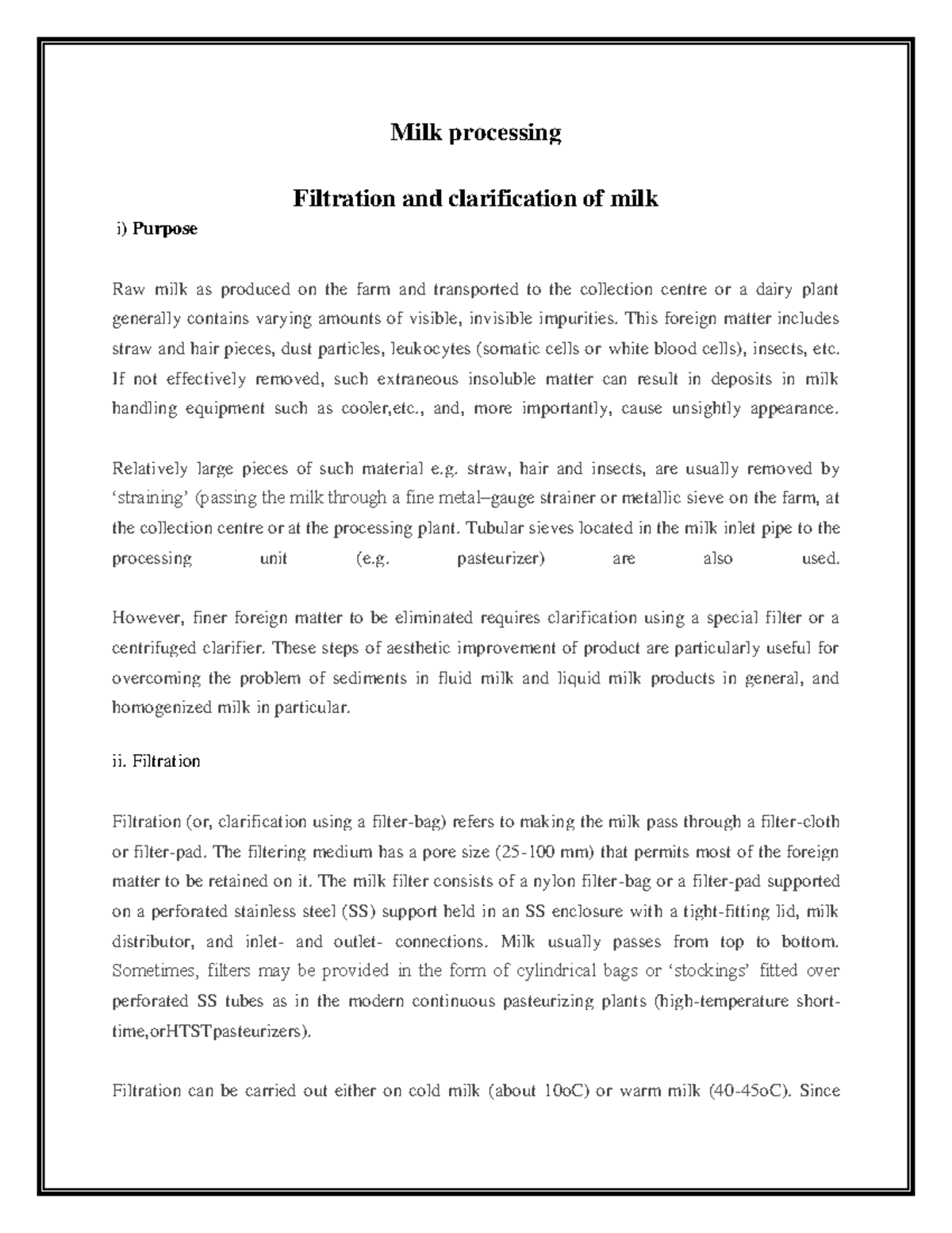 FDE Unit 1 Milk Processing 1 Milk Processing Filtration And fde-unit-1-milk-processing-1-milk-processing-filtration-and