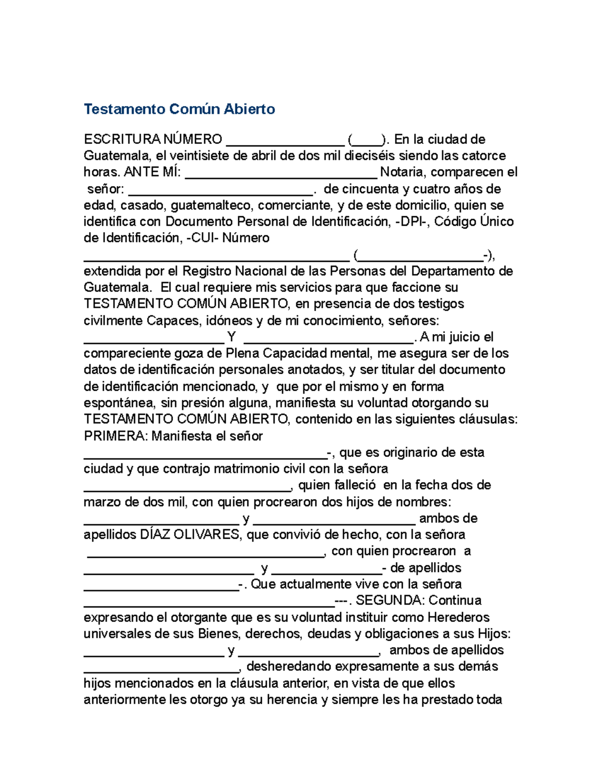 Formulario Para Hacer Un Testamento/modelo De Testamento Abierto