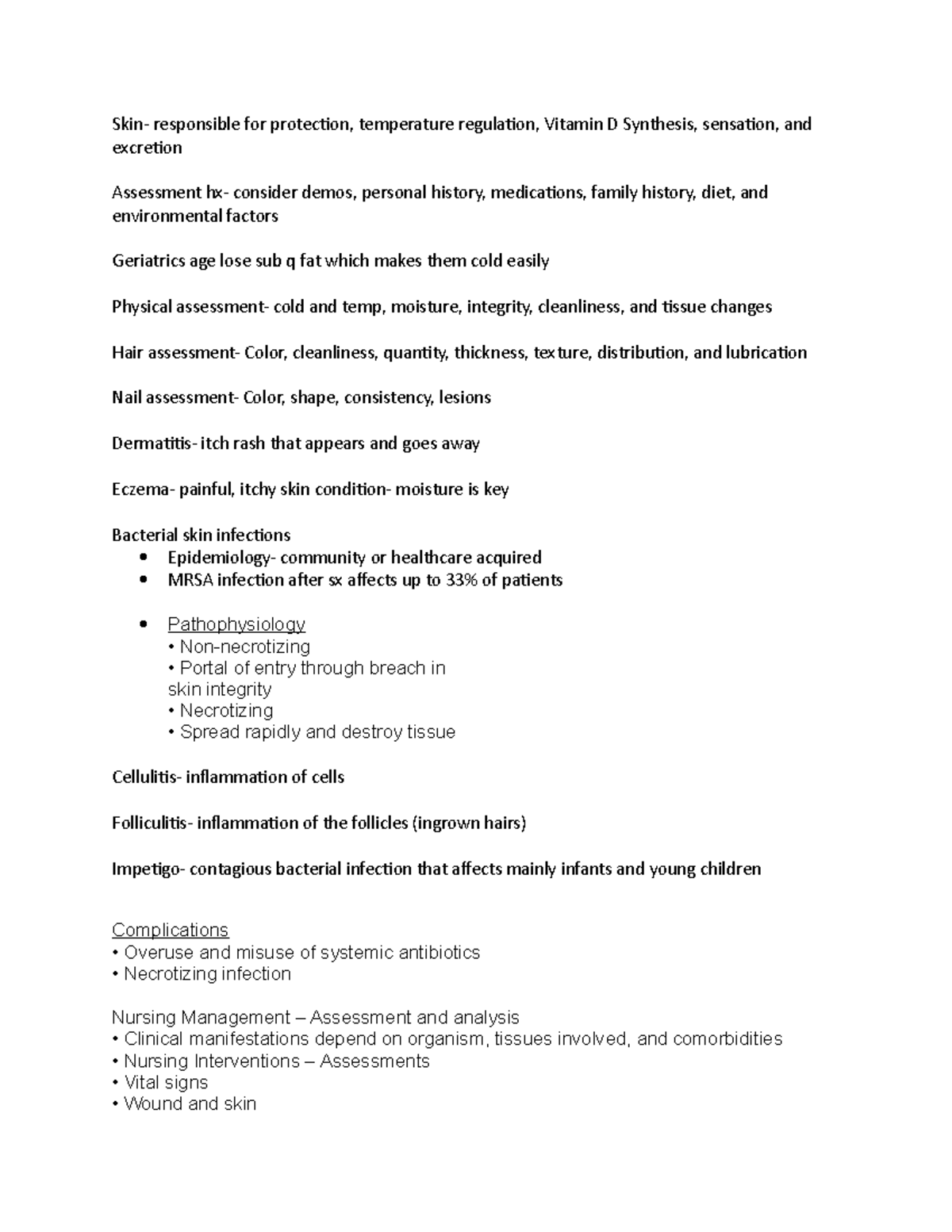 Med Surg Skin notes - Skin- responsible for protection, temperature ...