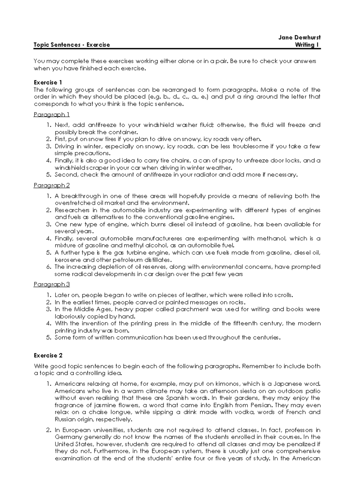 Topic sentences ex - Lecture notes 1 - Jane Dewhurst Topic Sentences ...
