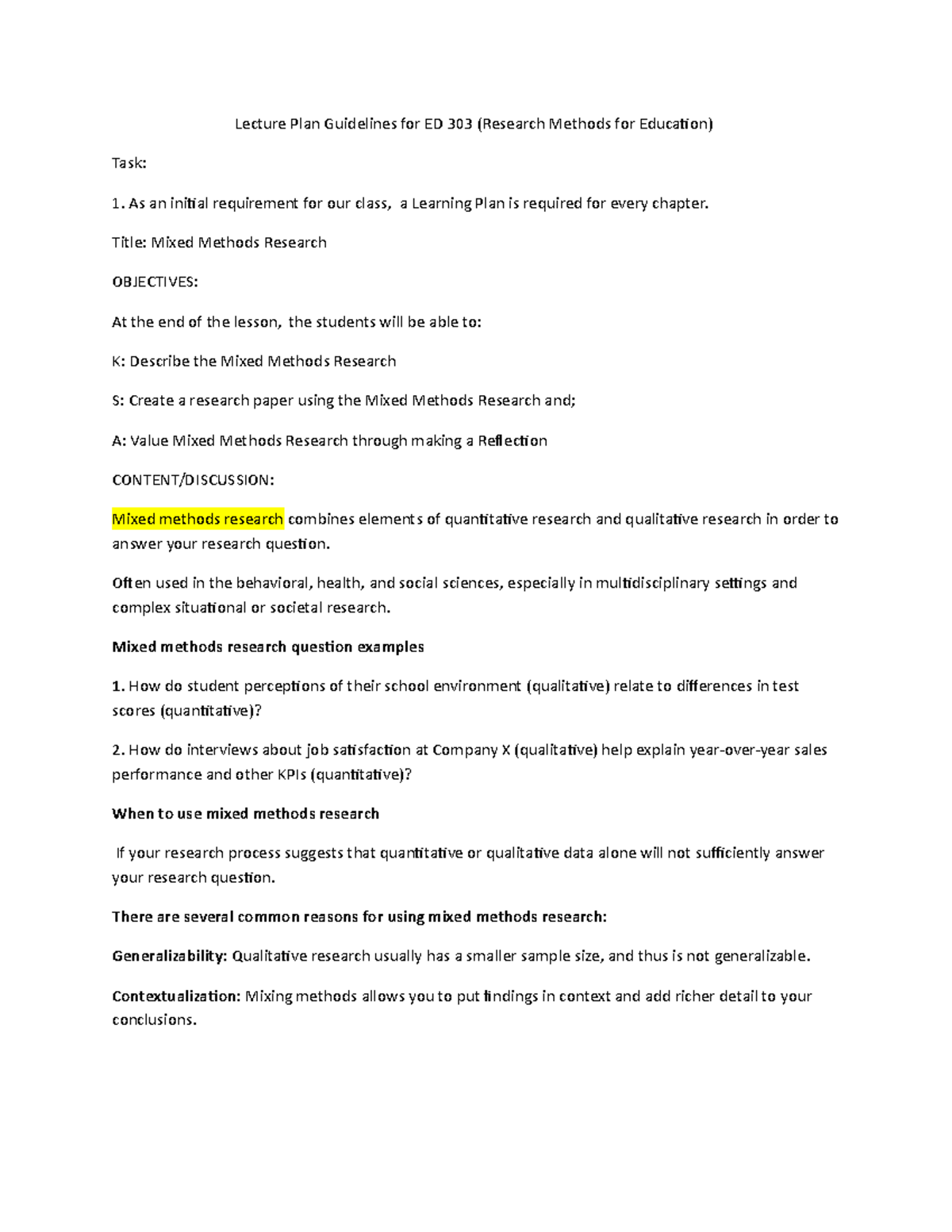 Lecture PLAN ED 302 - Lecture Plan Guidelines for ED 303 (Research ...