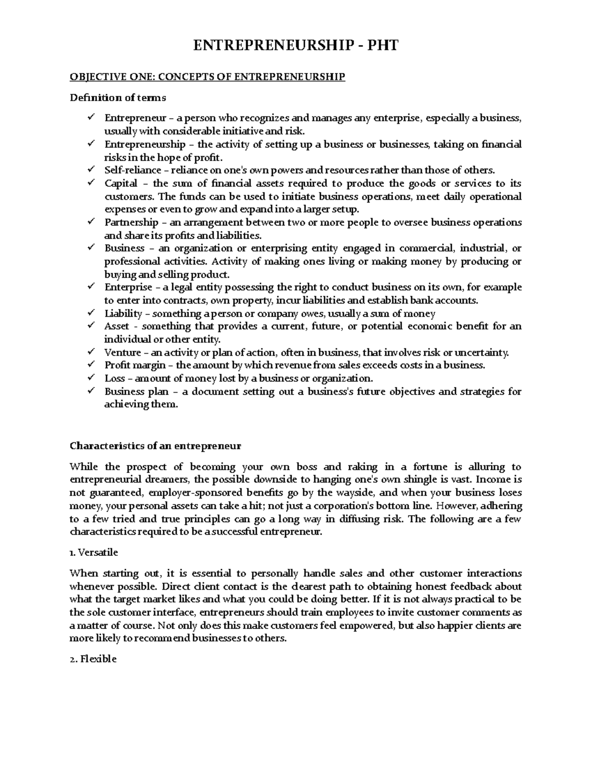 Entrepreneurship Certificate-1 - OBJECTIVE ONE: CONCEPTS OF ...