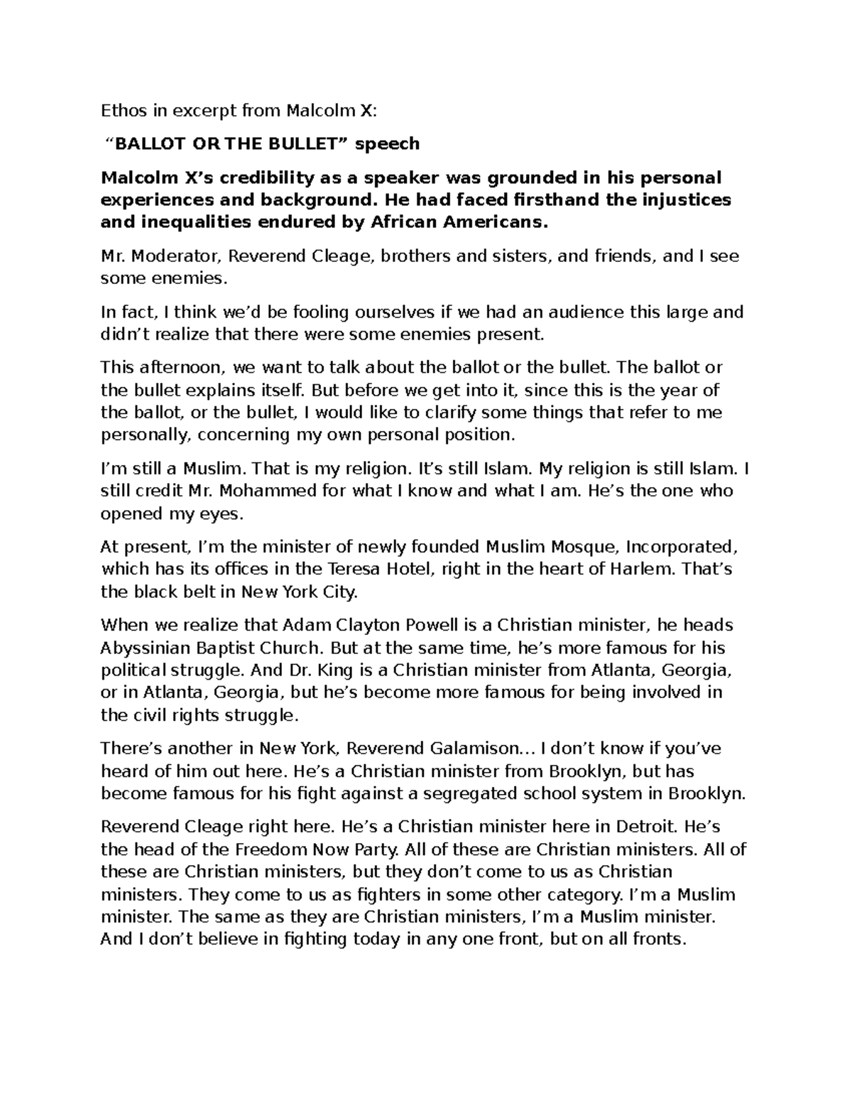 Ethos in excerpt from Malcolm X - Ethos in excerpt from Malcolm X ...