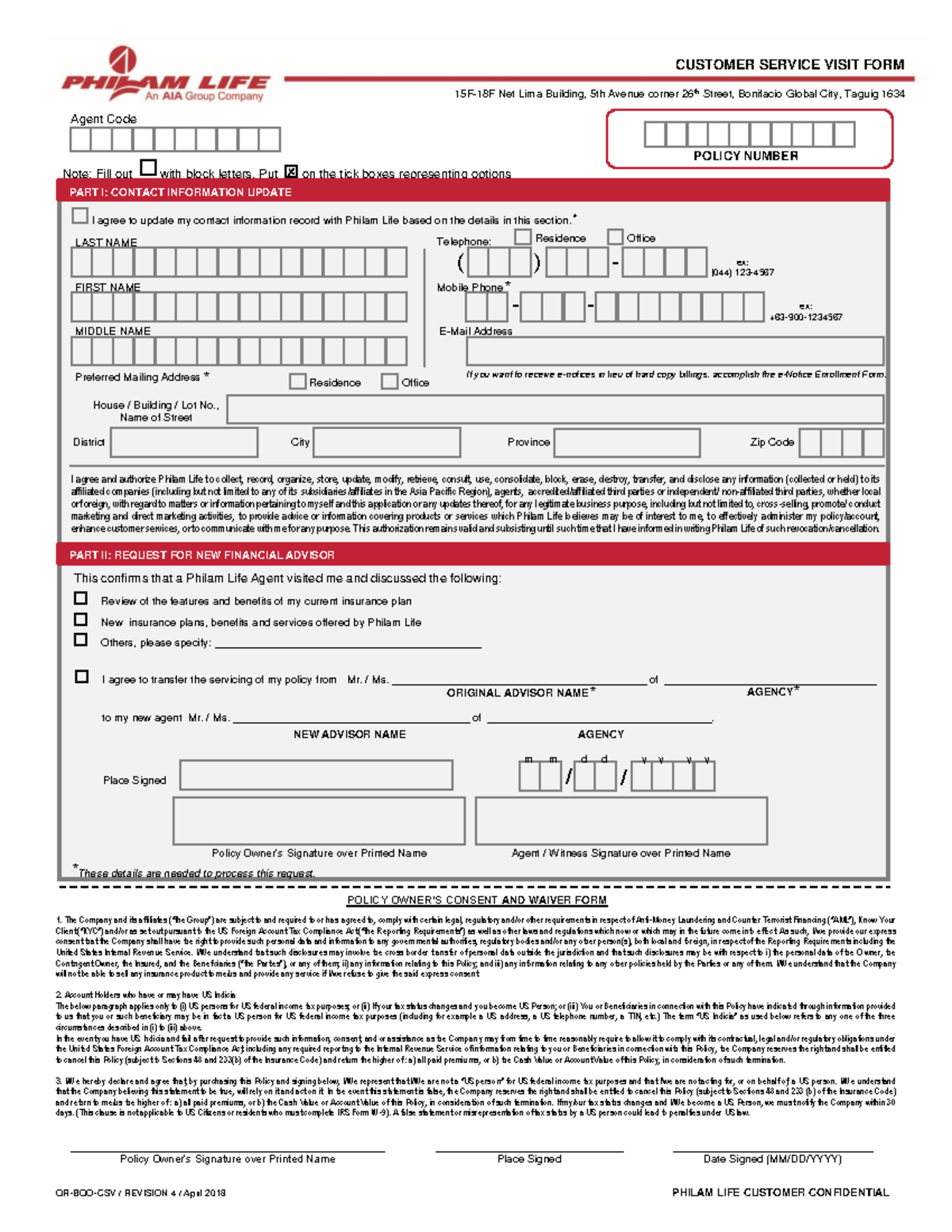 Client Service FORM - QR-BQO-CSV / REVISION 4 / April 2018 PHILAM LIFE ...