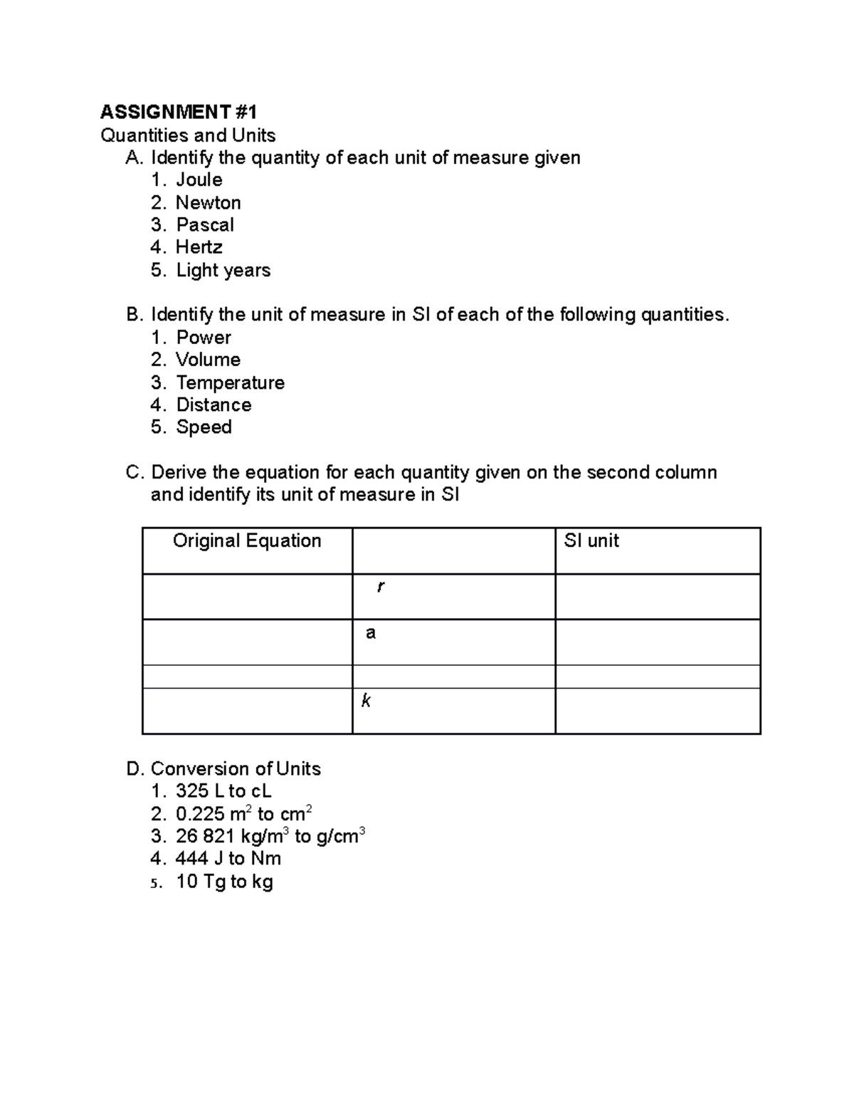 Assignment #1 Y12 - conversion of - ASSIGNMENT Quantities and Units A ...