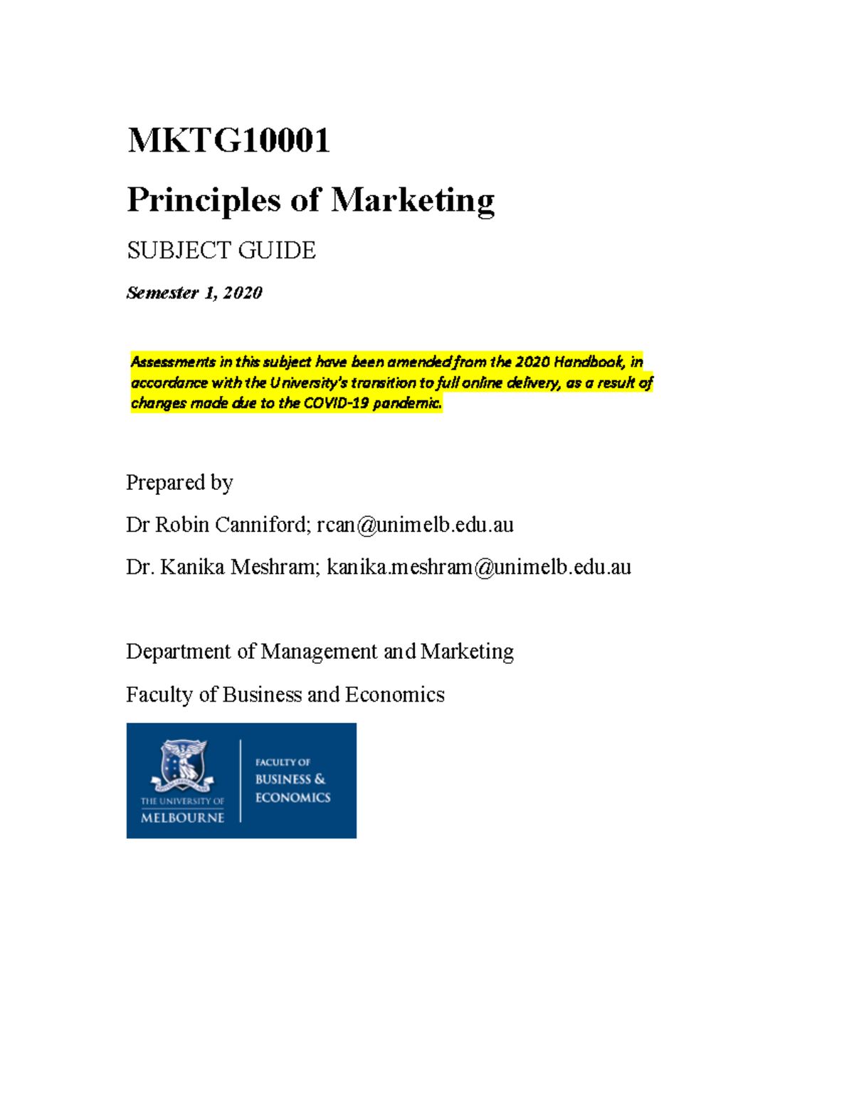 Subject Guide - MKTG Principles of Marketing SUBJECT GUIDE Semester 1 ...