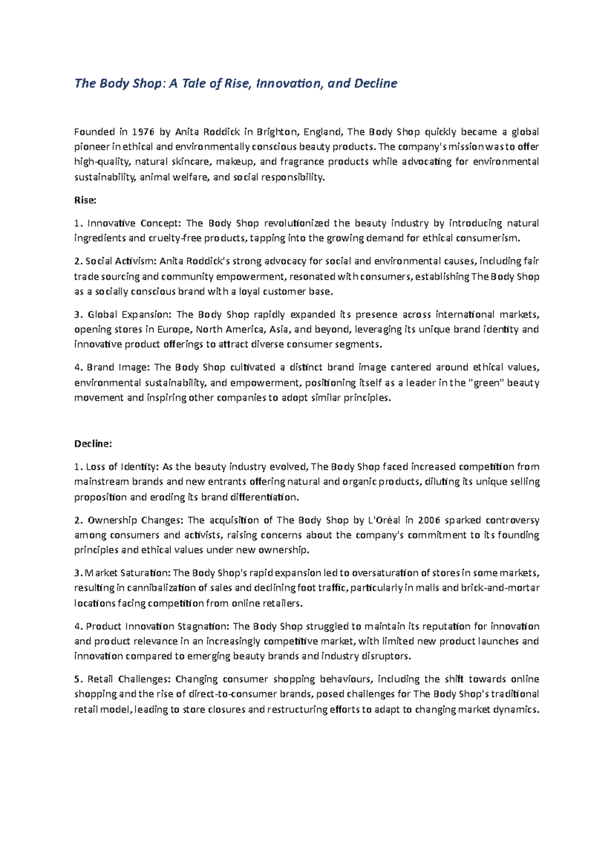 Body Shop Case study - The Body Shop: A Tale of Rise, Innovation, and ...