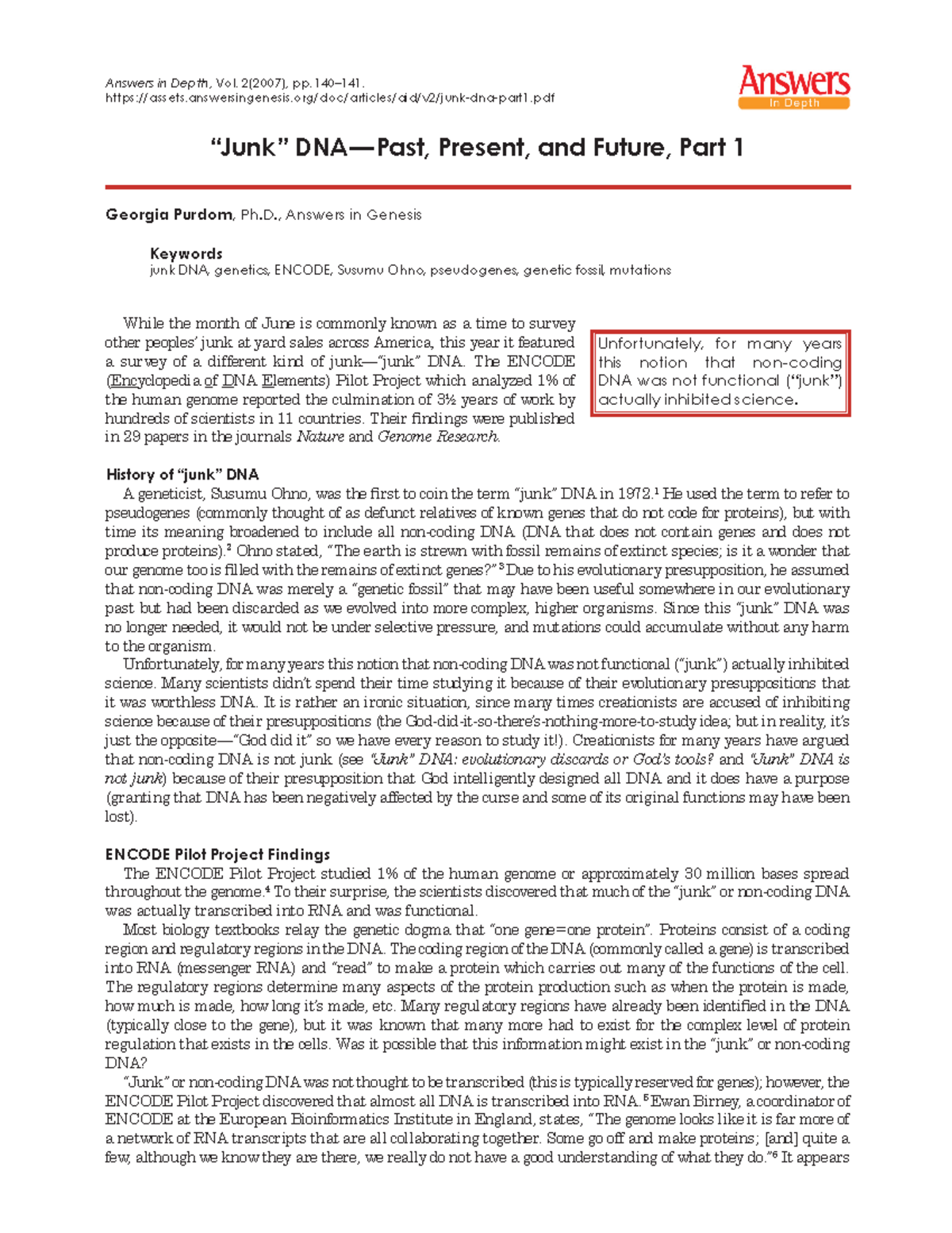 Junk-dna-part1 - Article from AIG used in project - “Junk” DNA—Past ...