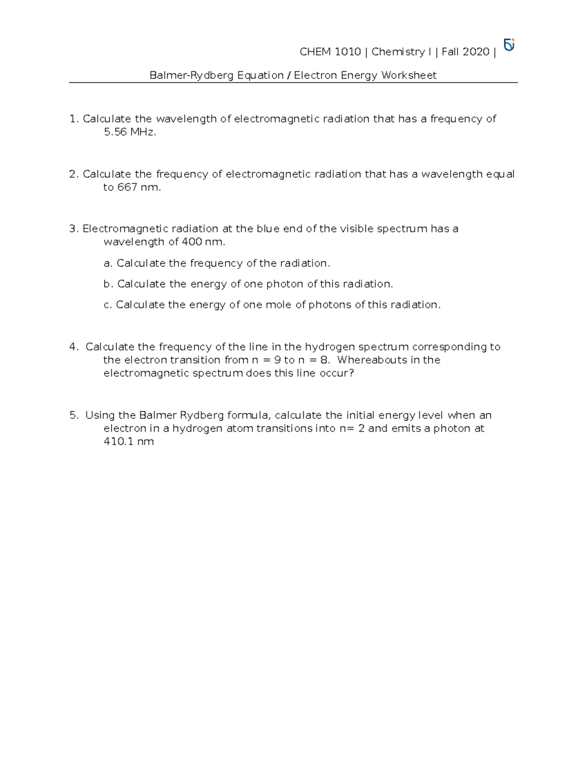 Balmer Rydberg Equation - electron energy worksheet - CHEM 1010 ...