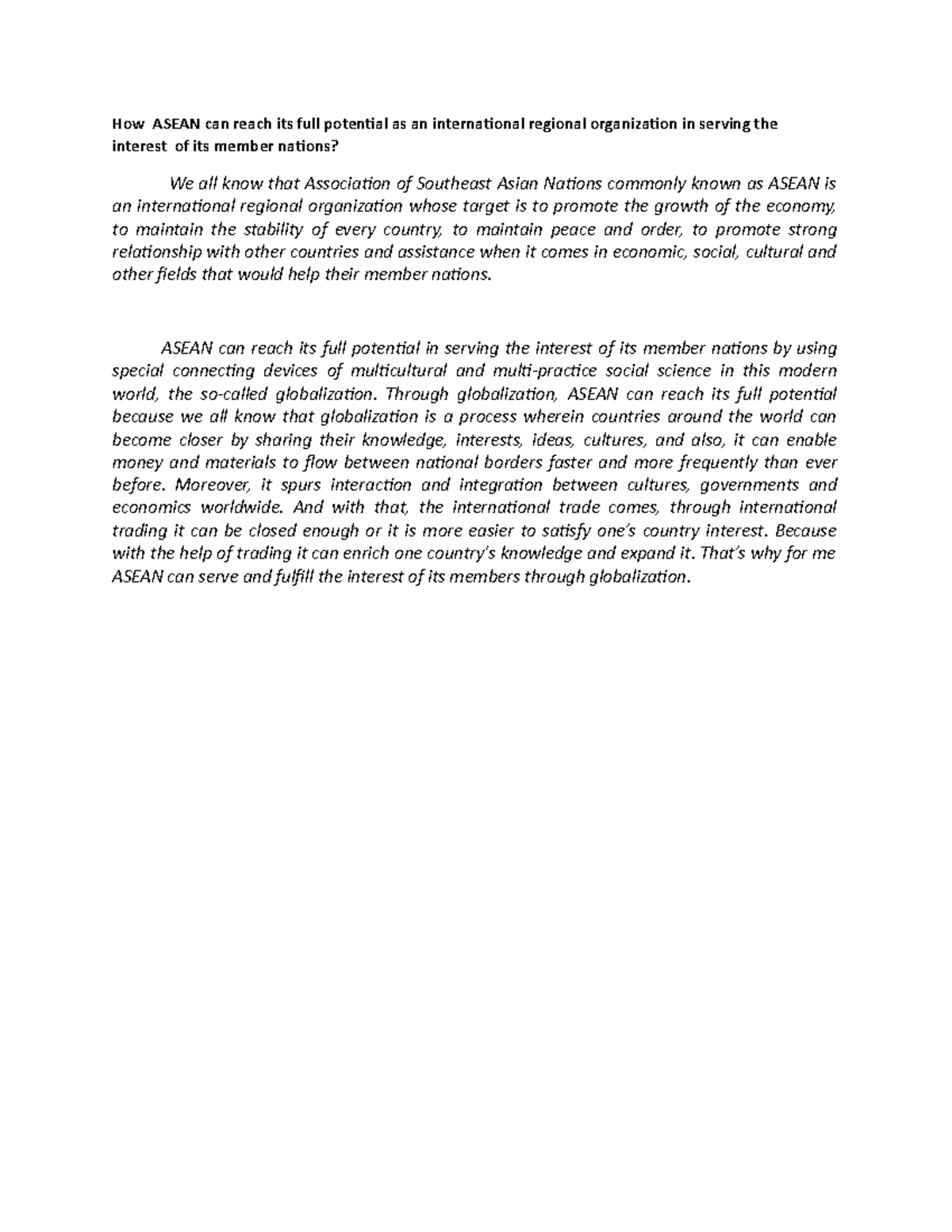 GEE 003 - Assignment 3.1 How Asean can reach it's full potential - How ASEAN can reach its full ...