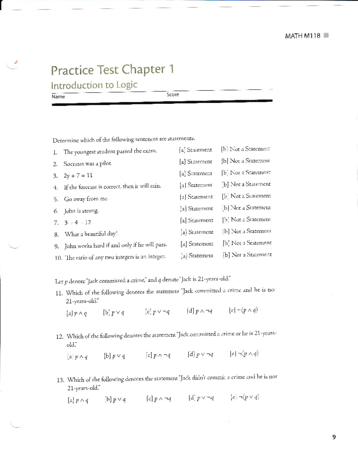 Practice test chapter 1 - MATH Ml 18 a Practice Test ChaPter 1 ...