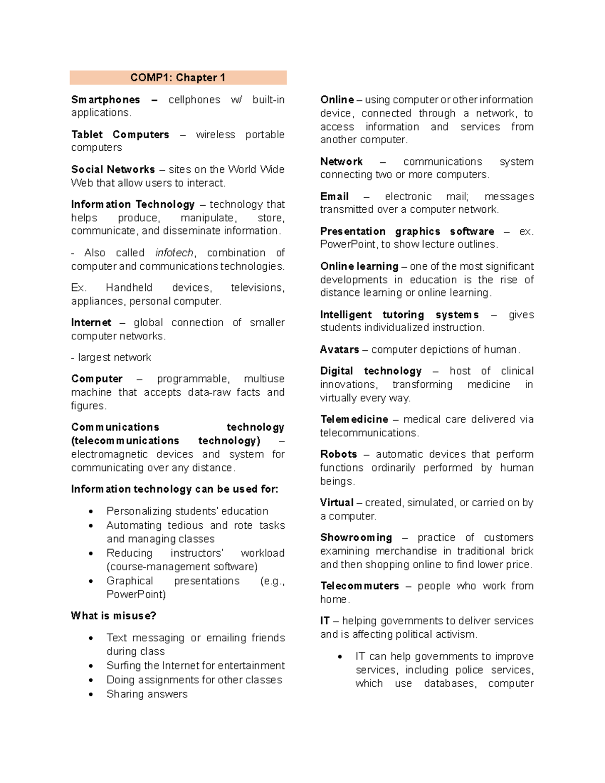 COMP reviewer - COMP1: Chapter 1 Smartphones – cellphones w/ built-in ...