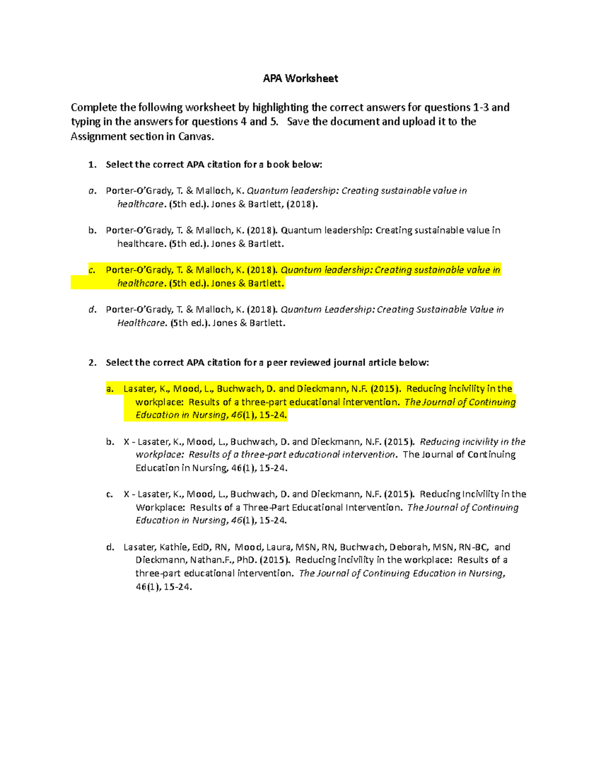 APA Worksheet - APA Worksheet Complete the following worksheet by ...