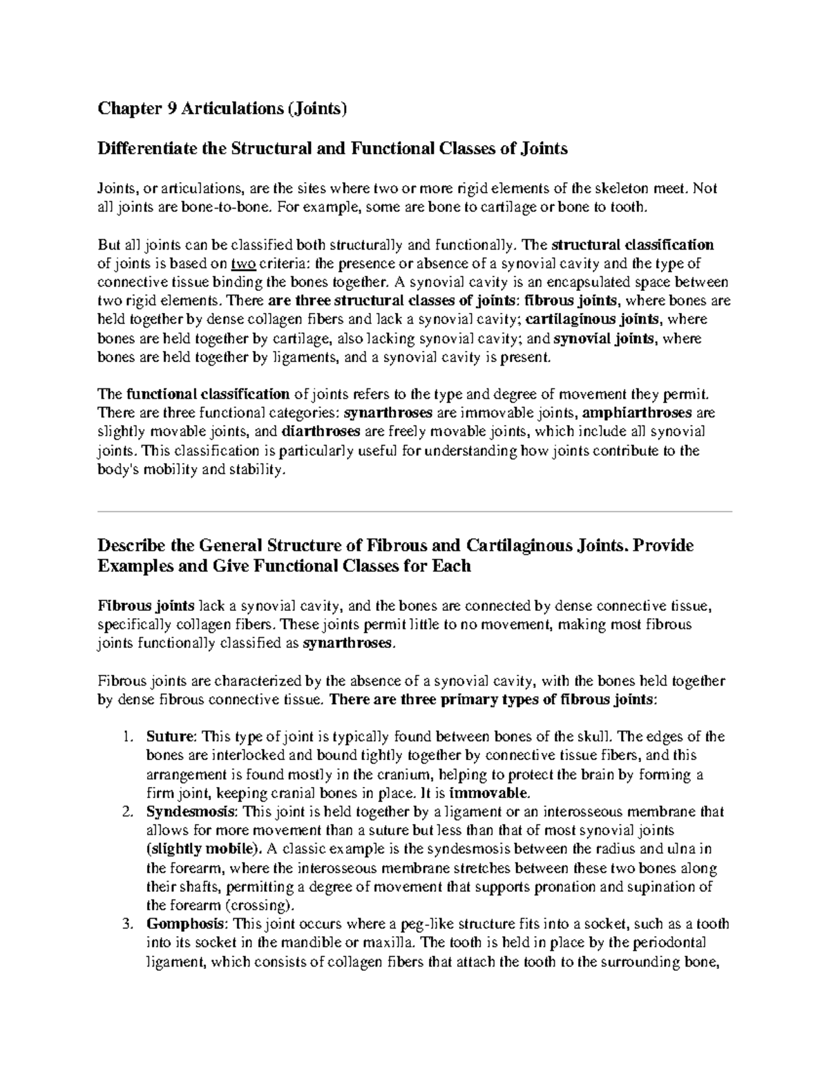 Module 2 Study Guide - Chapter 9 Articulations (Joints) Differentiate ...