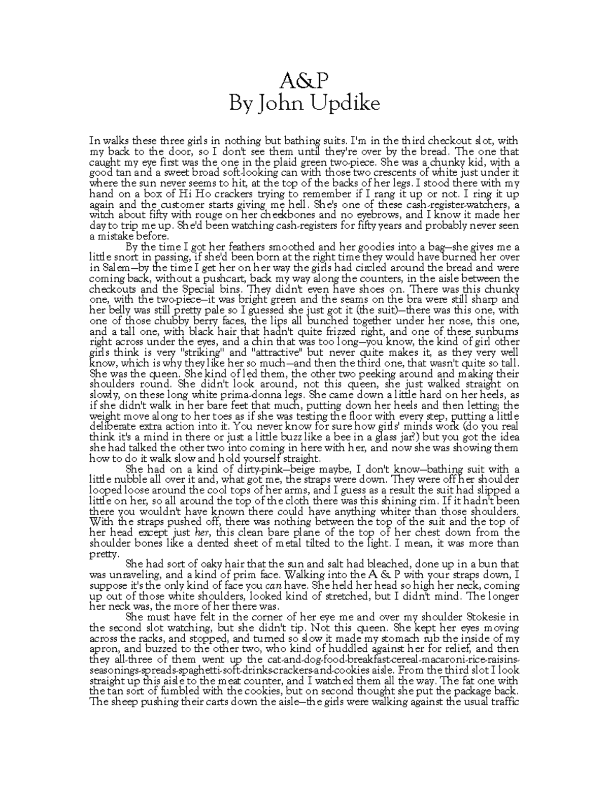 Updike%2BA%2B%26%2BP - A&P By John Updike In walks these three girls in ...