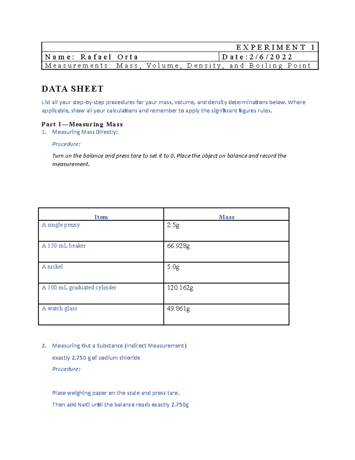 CHM1045L Experiment 1 Data Sheet - E X P E R I M E N T 1 N a m e : R a ...