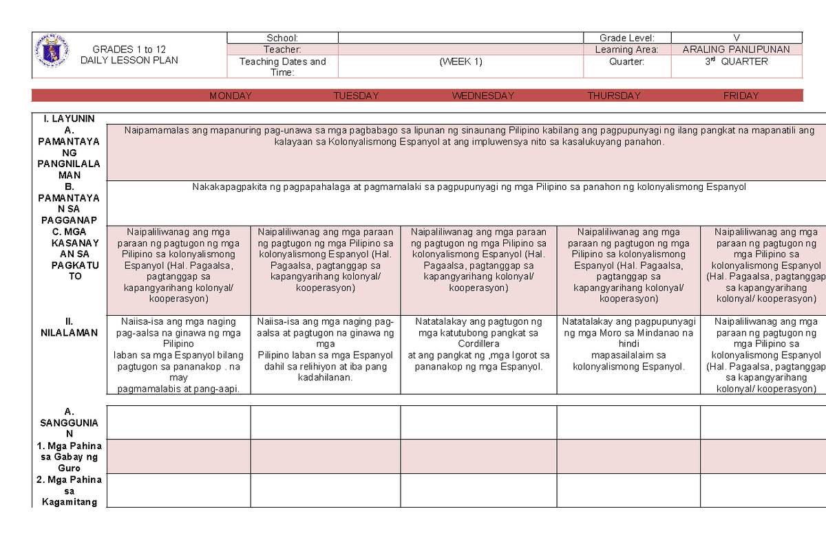 DLP History and People - GRADES 1 to 12 DAILY LESSON PLAN School: Grade ...