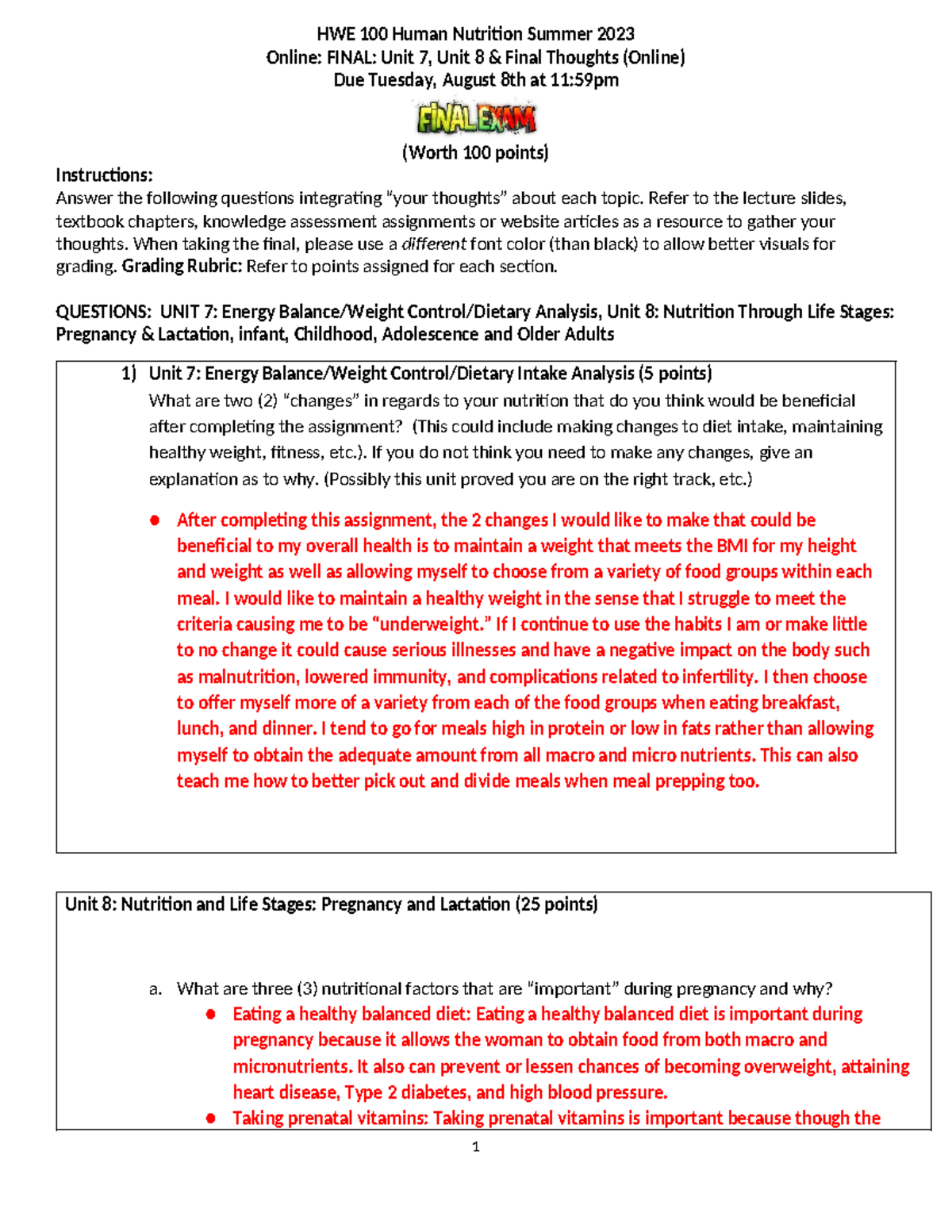 HWE Online Final Unit 7 & Unit 8 & Feedback summer 2023 - HWE 100 Human ...
