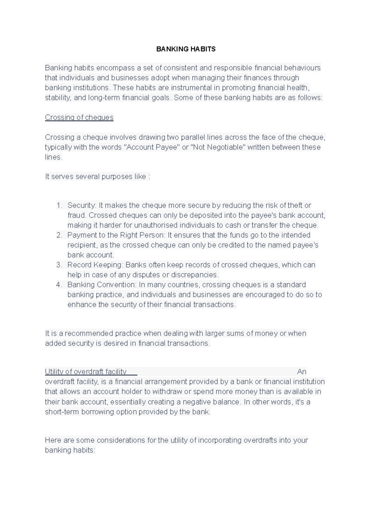 FILE 5569 - BANKING HABITS Banking habits encompass a set of consistent ...