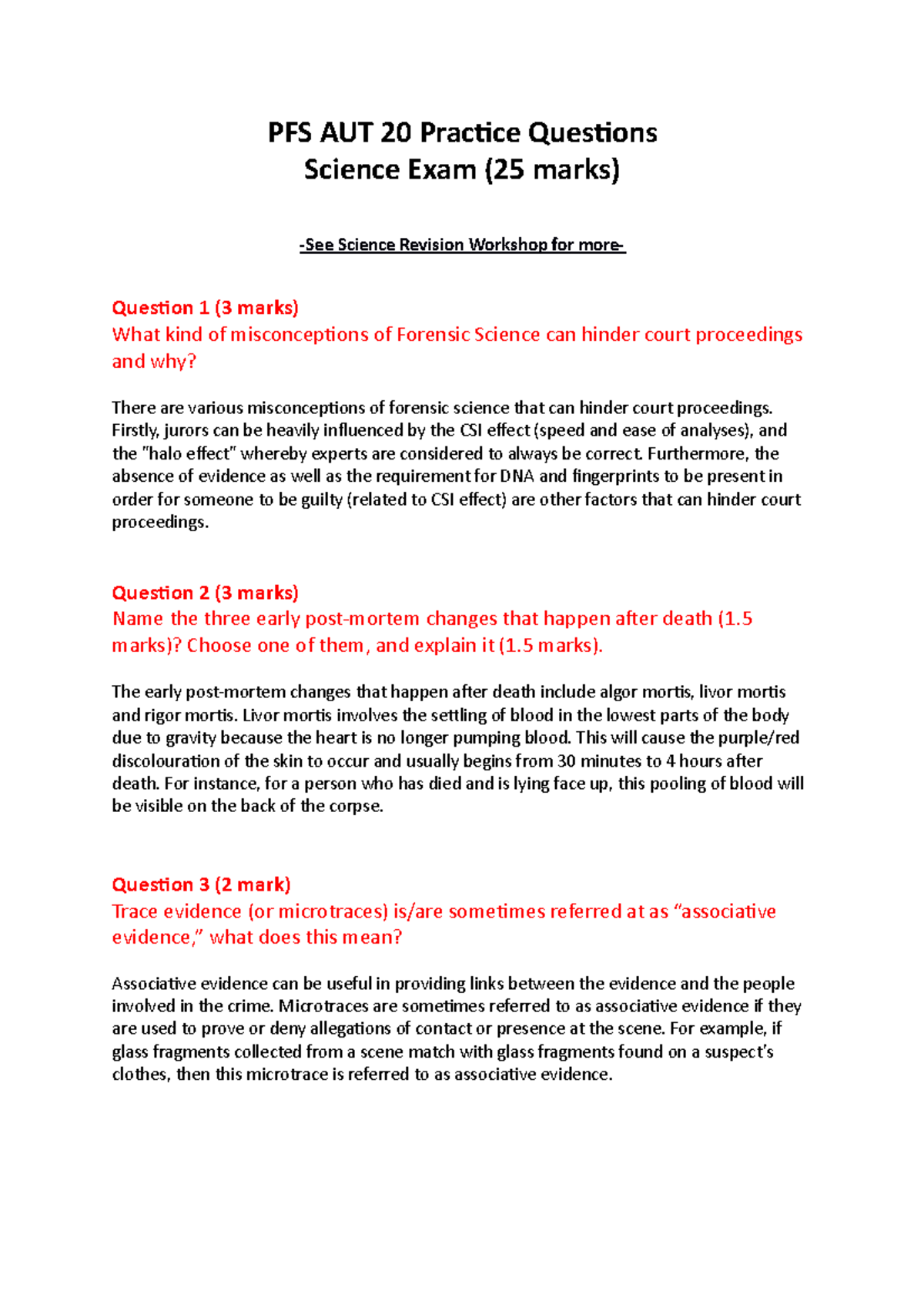 Science Practice Exam, questions and answers - PFS AUT 20 Pracice ...