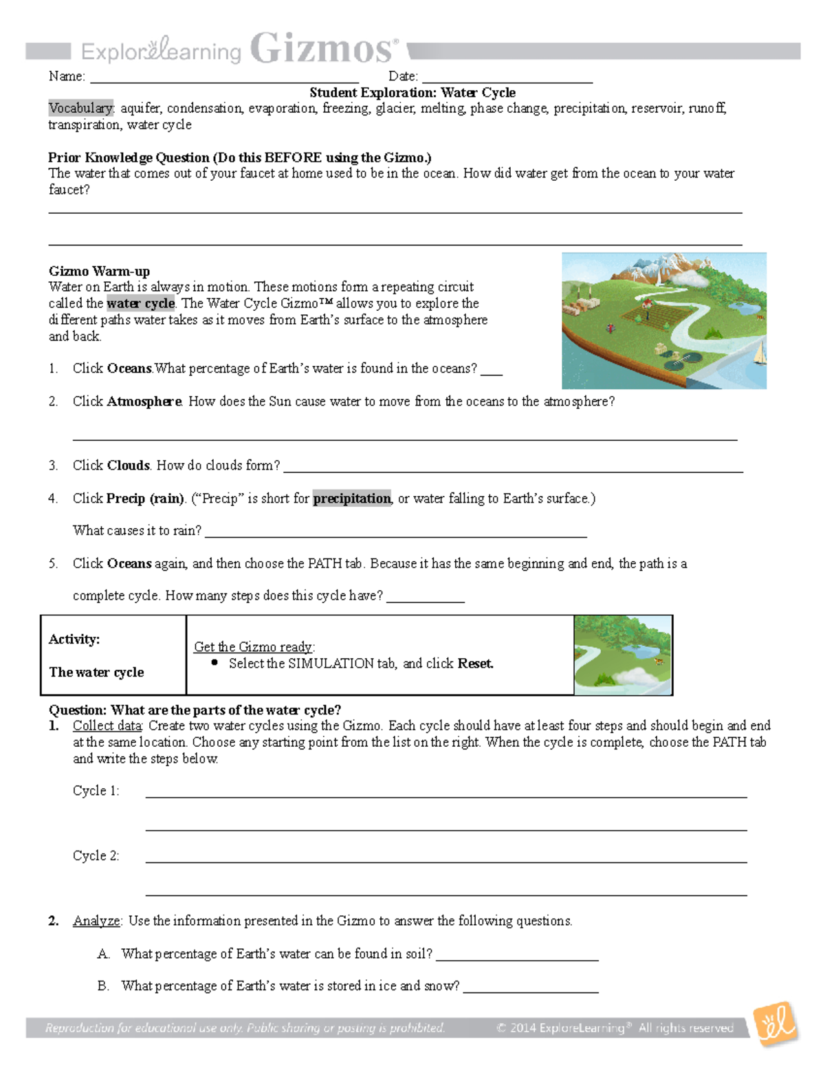 Water Cycle Gizmo Student Sheet 1un5imm Name
