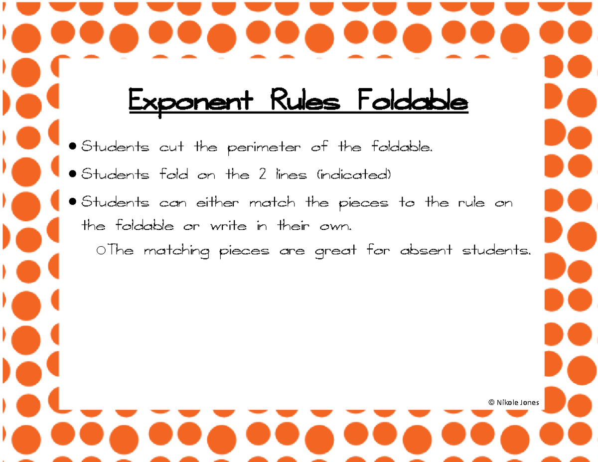 Exponent Rules Foldable - Students fold on the 2 lines (indicated ...