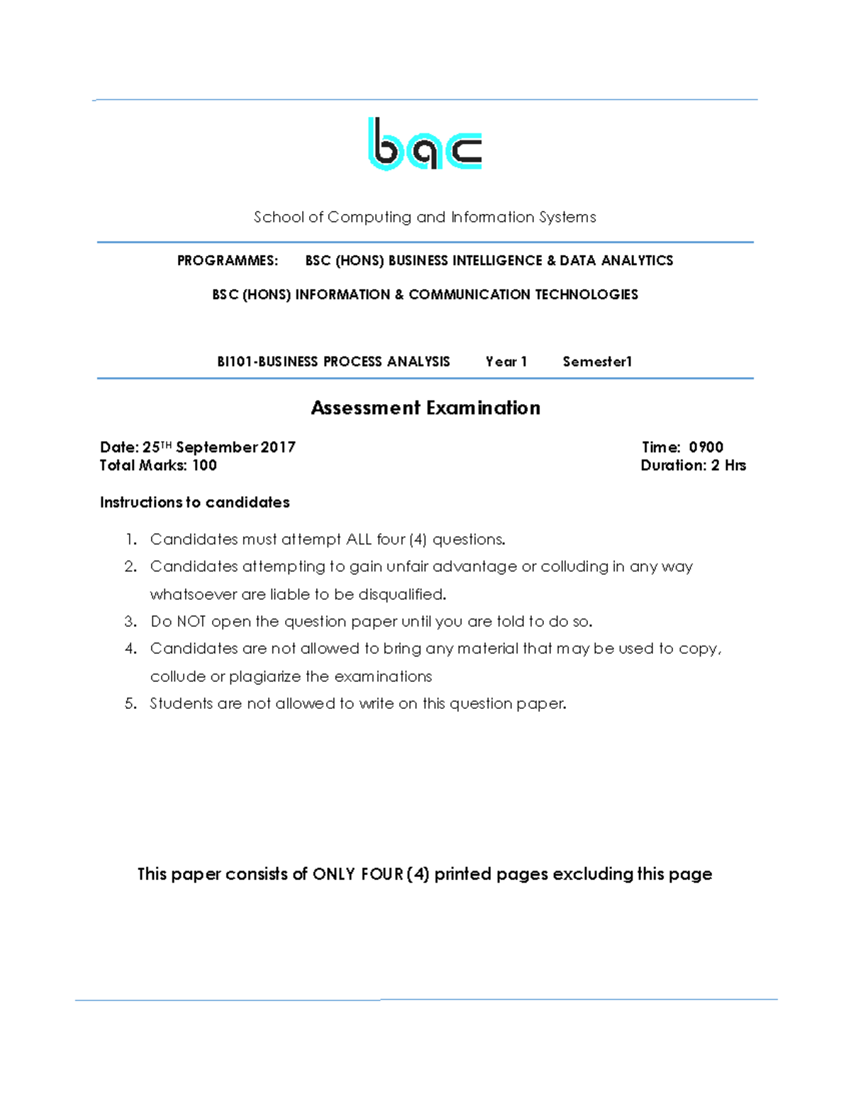 BIDA101 BPA Assessment EXAM SEPT 2017 Paper - School of Computing and ...