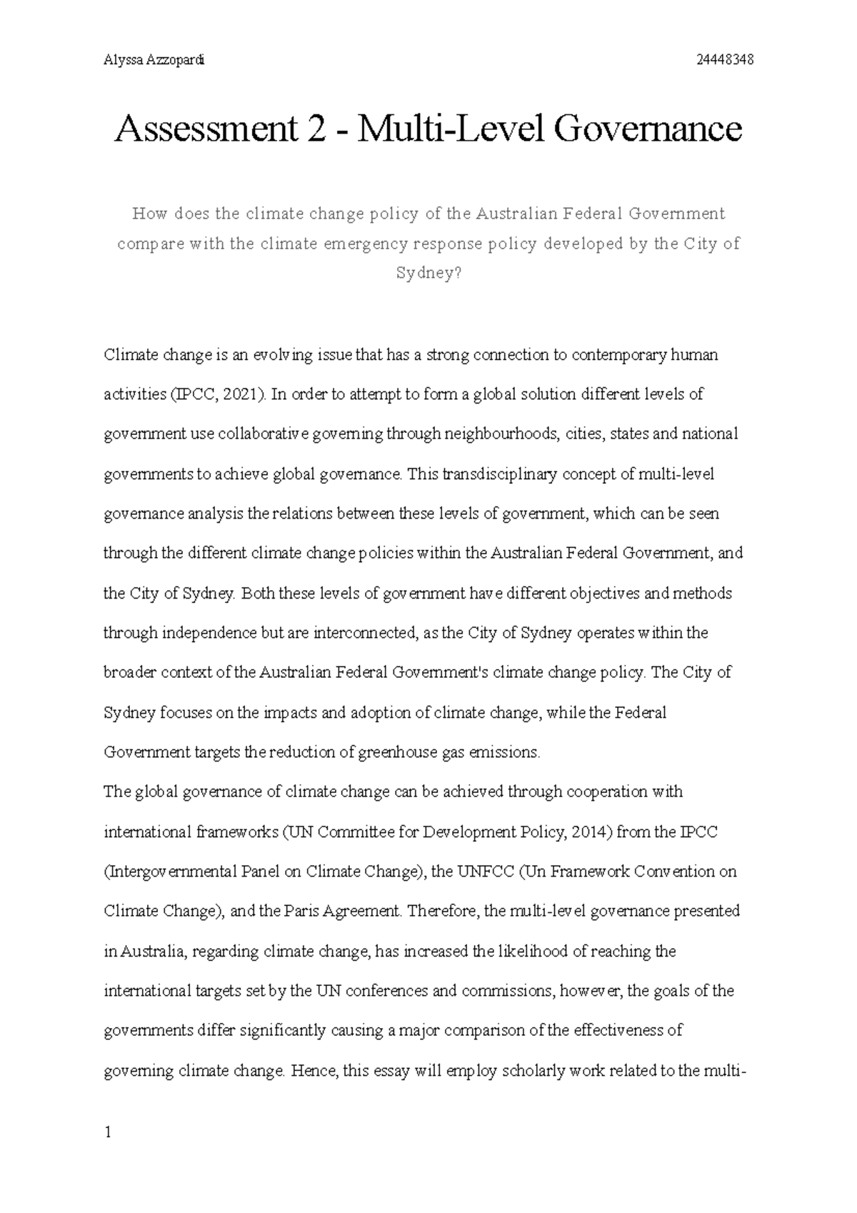 Assessment 2 - Multi-Level Governance Paper - Assessment 2 - Multi ...