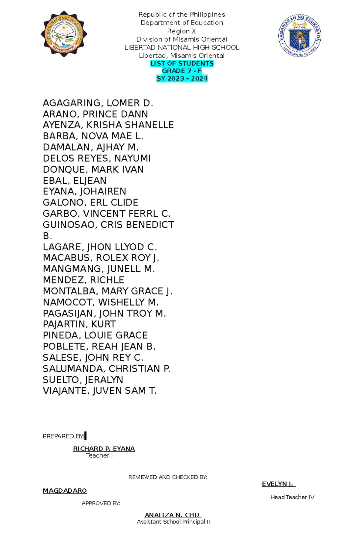 List-of-students - names - Republic of the Philippines Department of Education Region X Division ...
