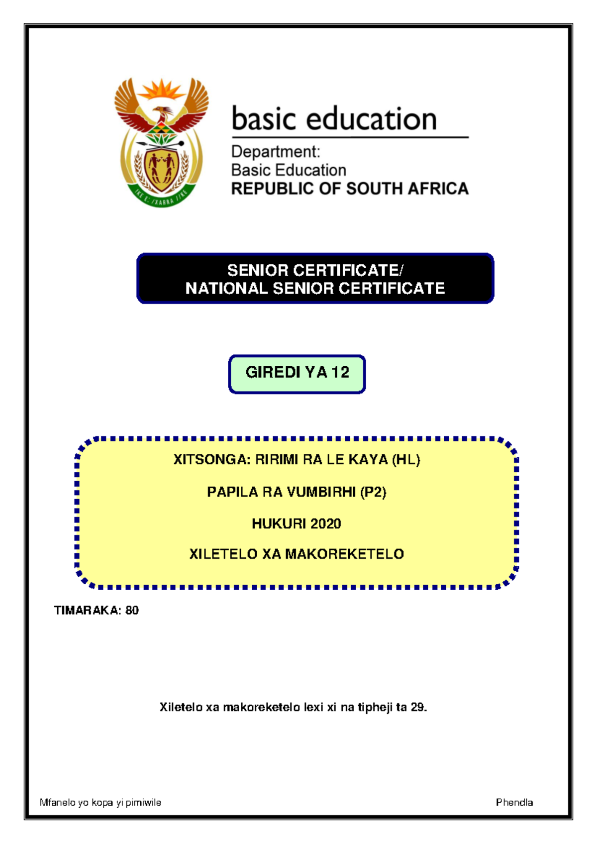 Xitsonga HL P2 Nov 2020 Memo - TIMARAKA: 80 Xiletelo xa makoreketelo ...