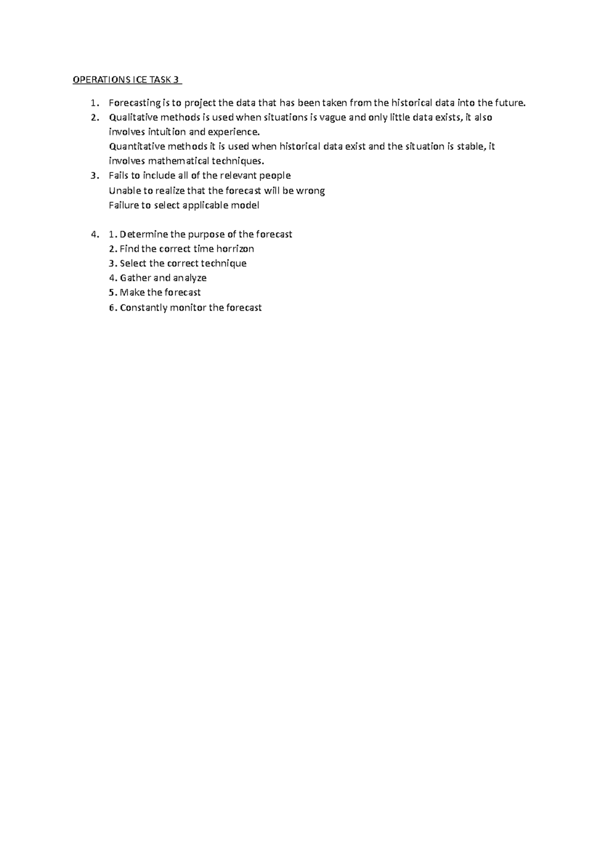Opperations ICE TASK 3 - OPERATIONS ICE TASK 3 Forecasting is to ...