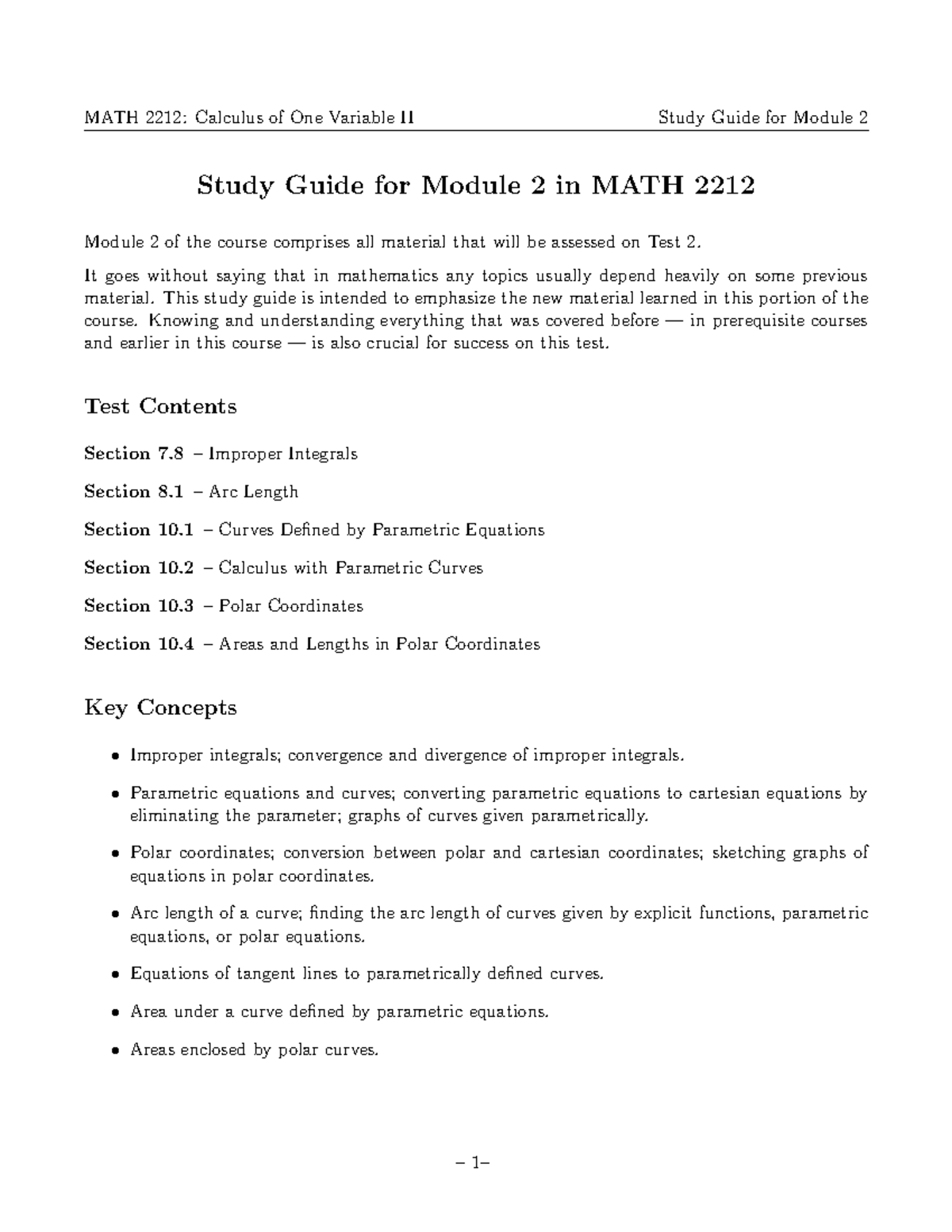 Study Guide (MATH-2212) - Module 2 - Study Guide for Module 2 in MATH ...
