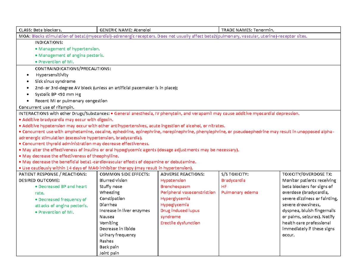 Atenolol - CLASS: Beta blockers. GENERIC NAME: Atenolol TRADE NAMES ...