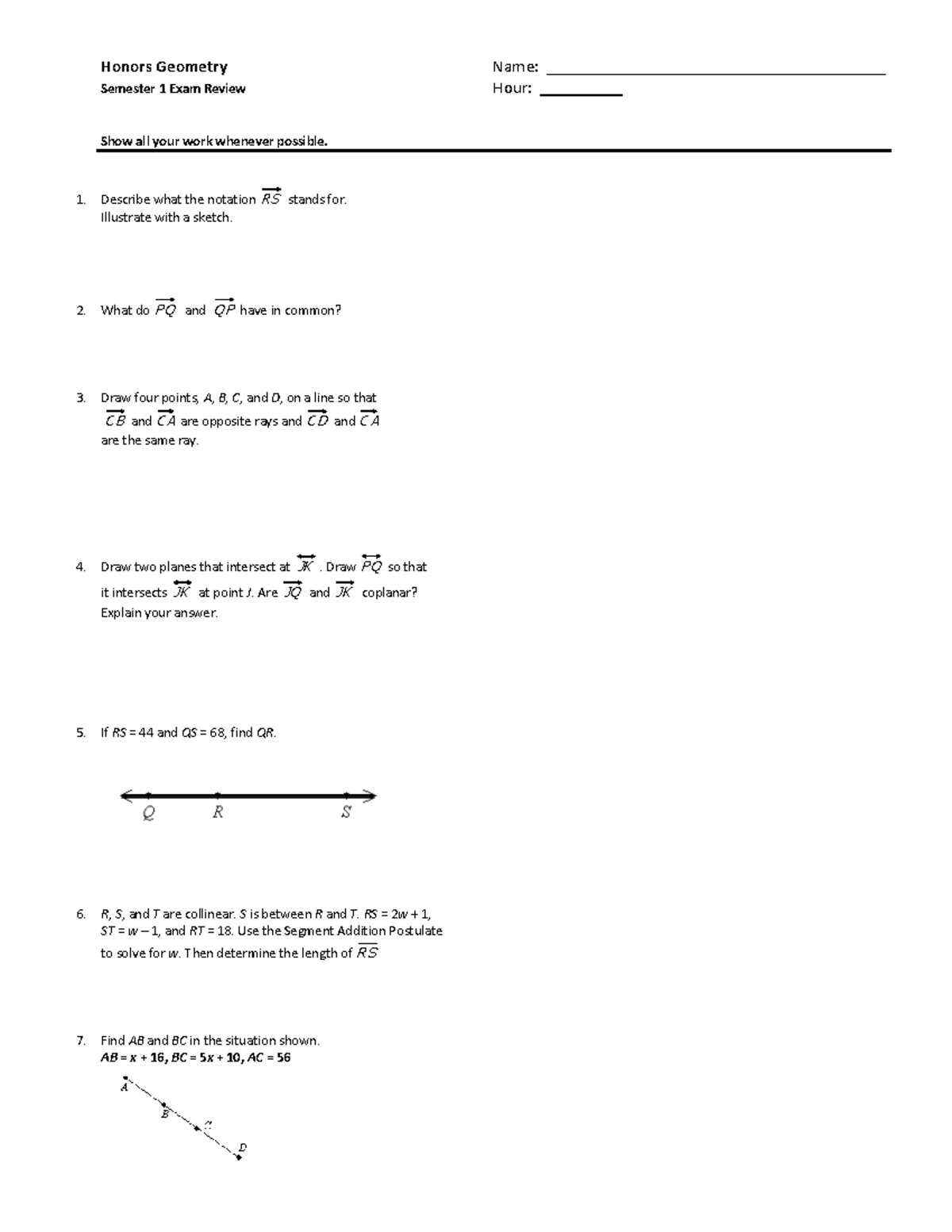 HNR GEO Semester 1 Review - Honors Geometry Name: Semester 1 Exam ...