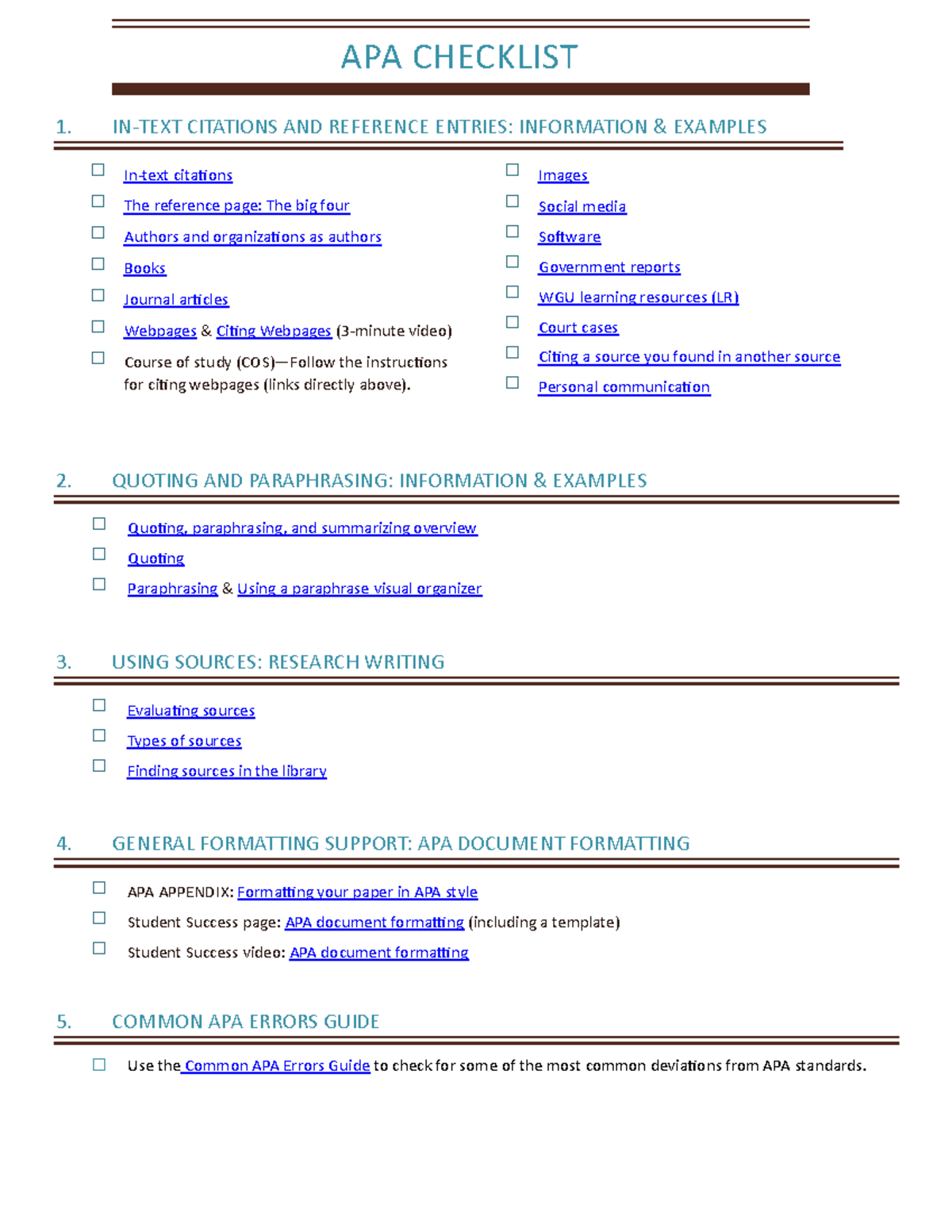 WGU APA Checklist - EPB APA cheat sheet to help with the writing - 1 ...