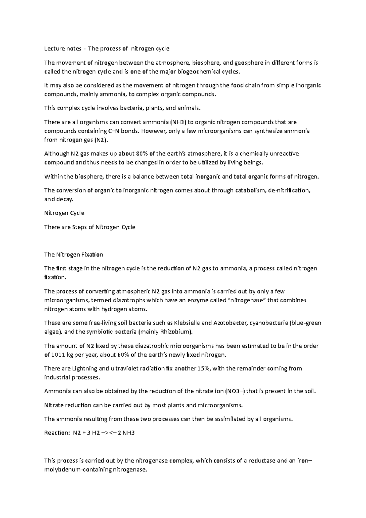 Lecture notes - The process of nitrogen cycle - It may also be ...