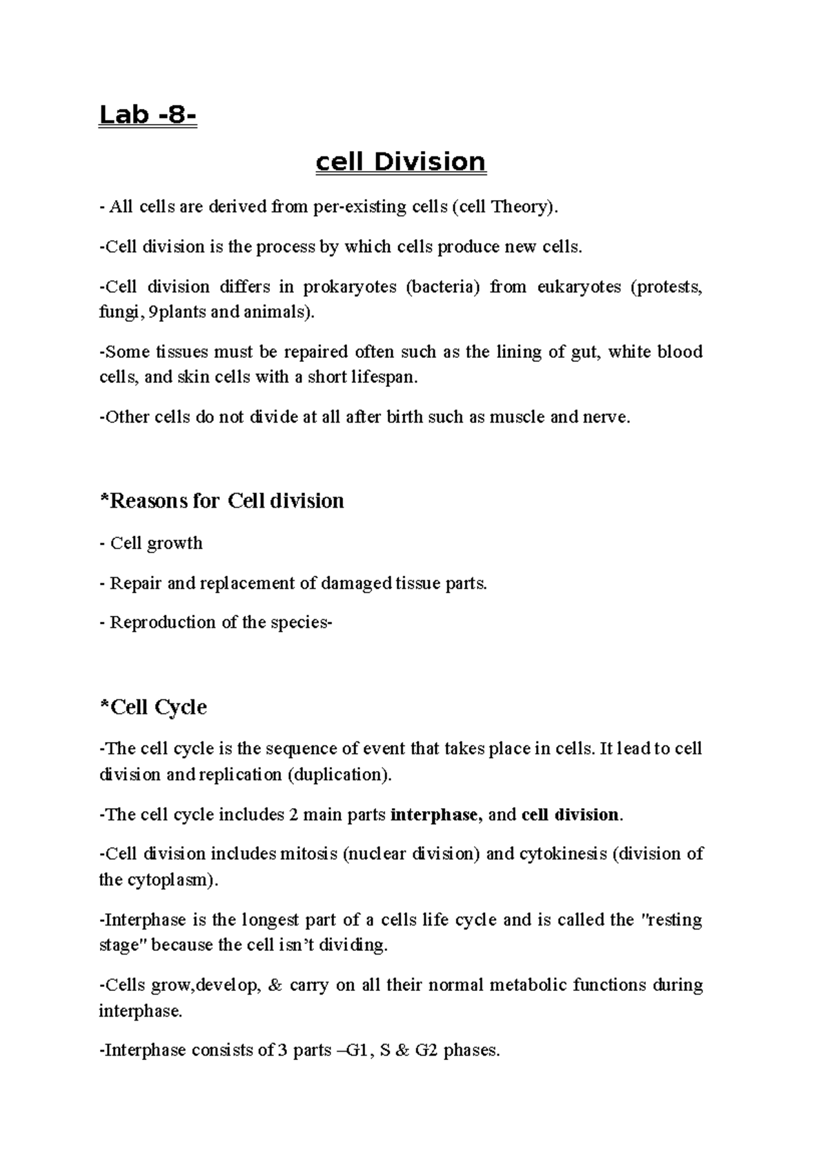 Cytology 3 lecture notes - Lab -8- cell Division All cells are derived ...