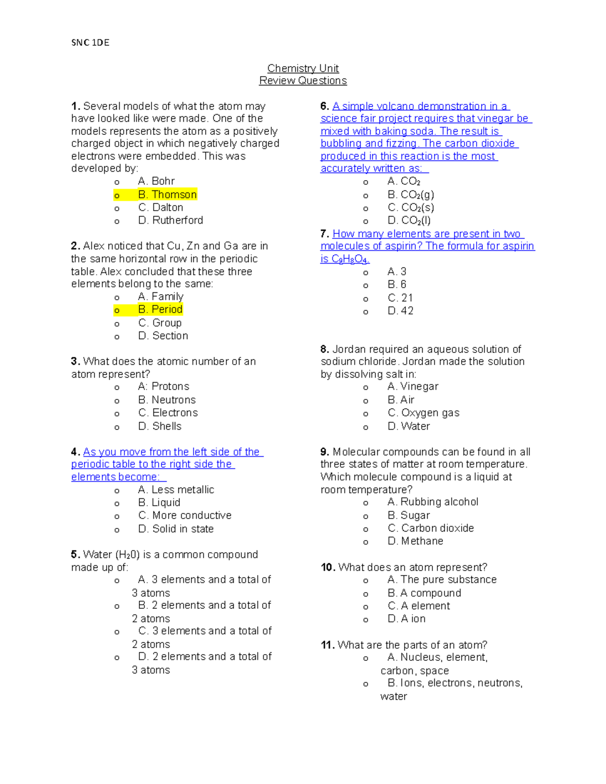 SNC1DE Review Questions Chemistry - Chemistry Unit Review Questions 1 ...