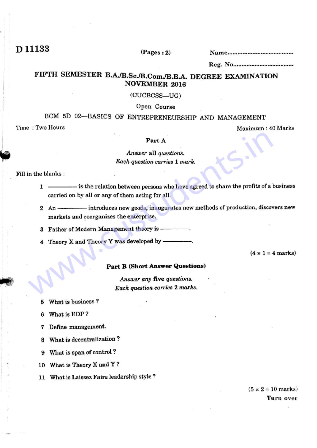 OC BEM 2016 - previous year qp - Basic of Enterpreneureship and ...