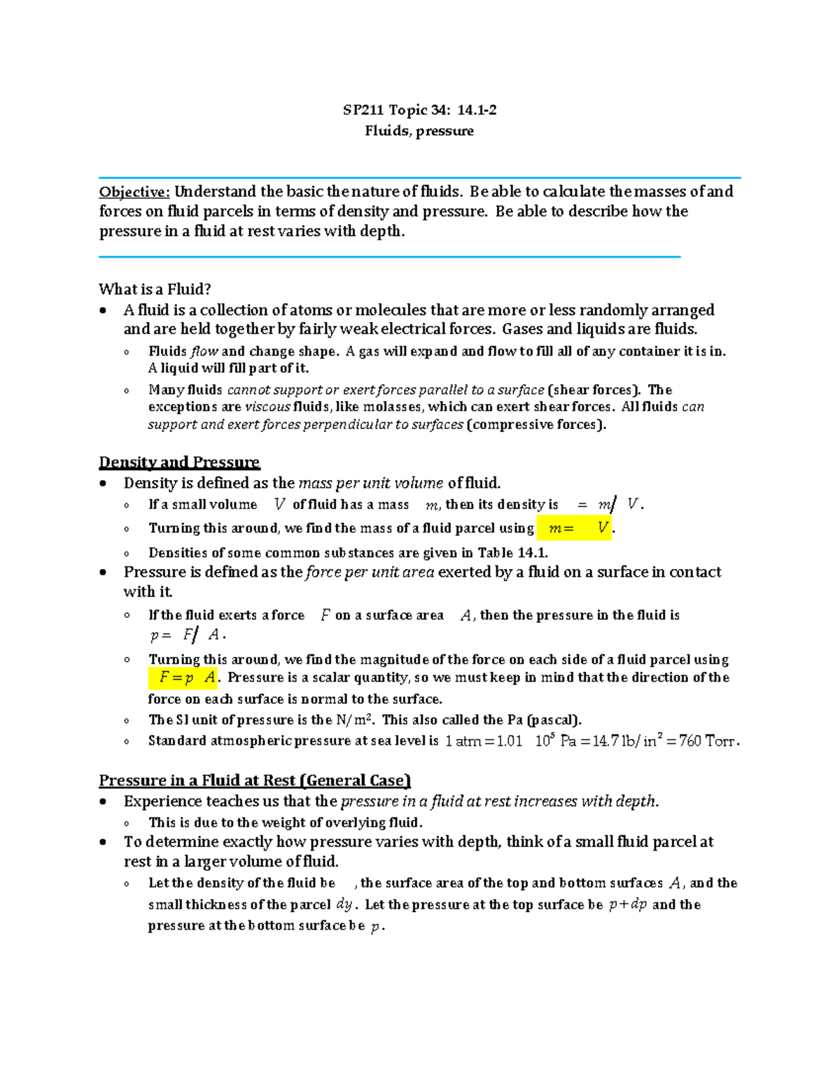 Topic 34;Fluids, pressure - SP211 Topic 34: 14- Fluids, pressure - Studocu